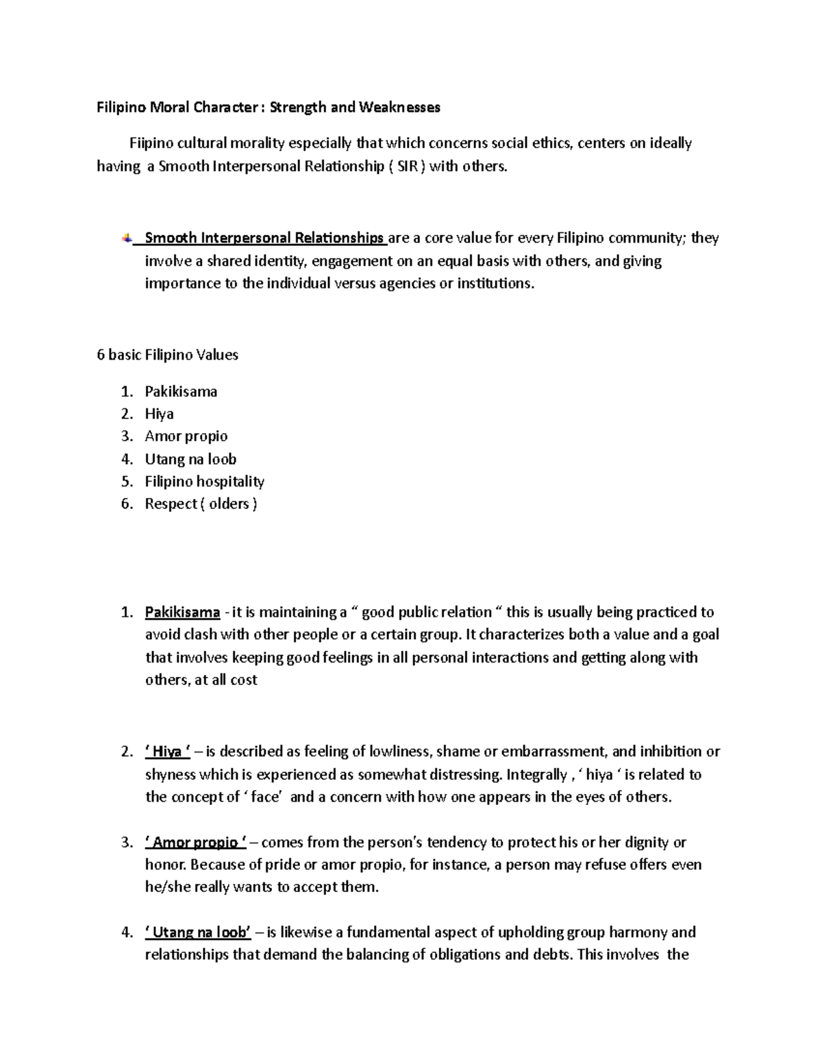 Filipino Moral Character: Strengths, Weaknesses, and Cultural Values - Studocu