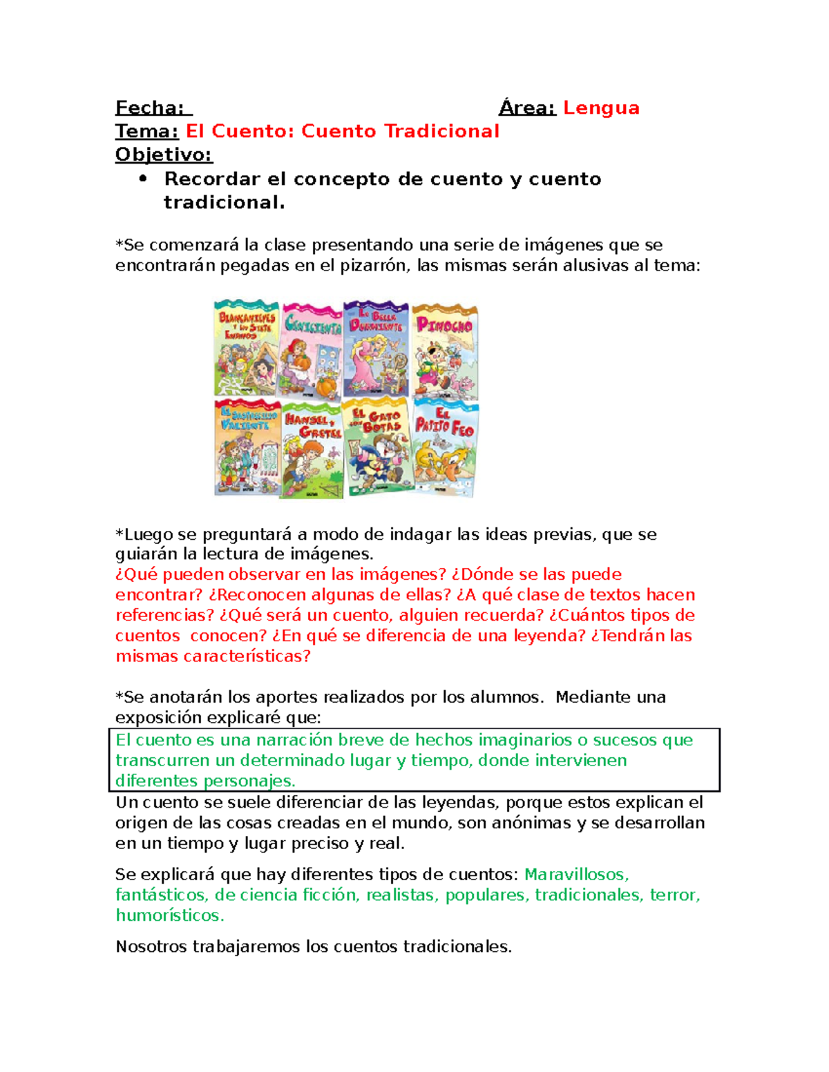 Unidad 1 - secuencia didactica - Fecha: Área: Lengua Tema: El Cuento ...