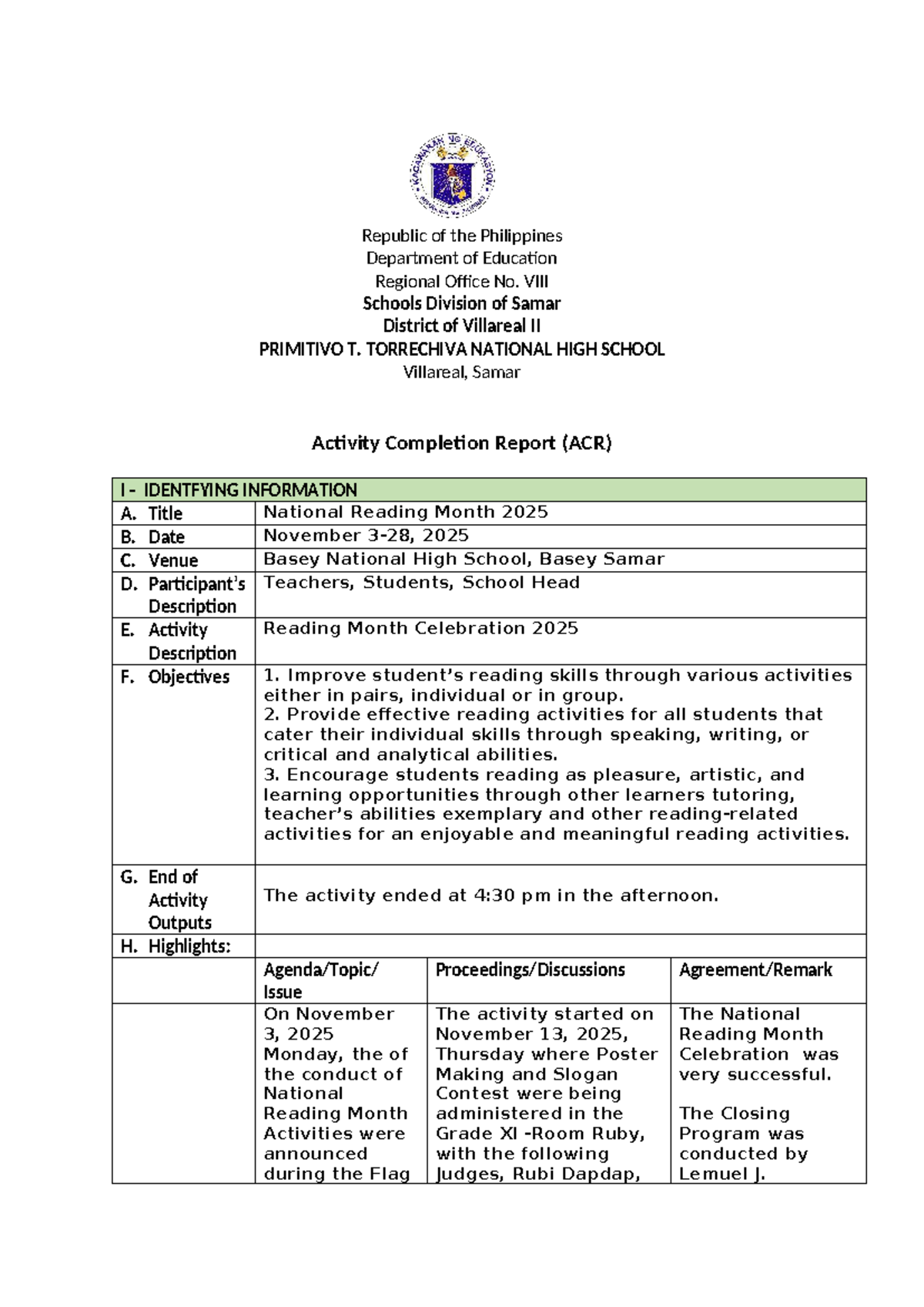 Pttnhs ACR: National Reading Month Celebration 2025 Report - Studocu