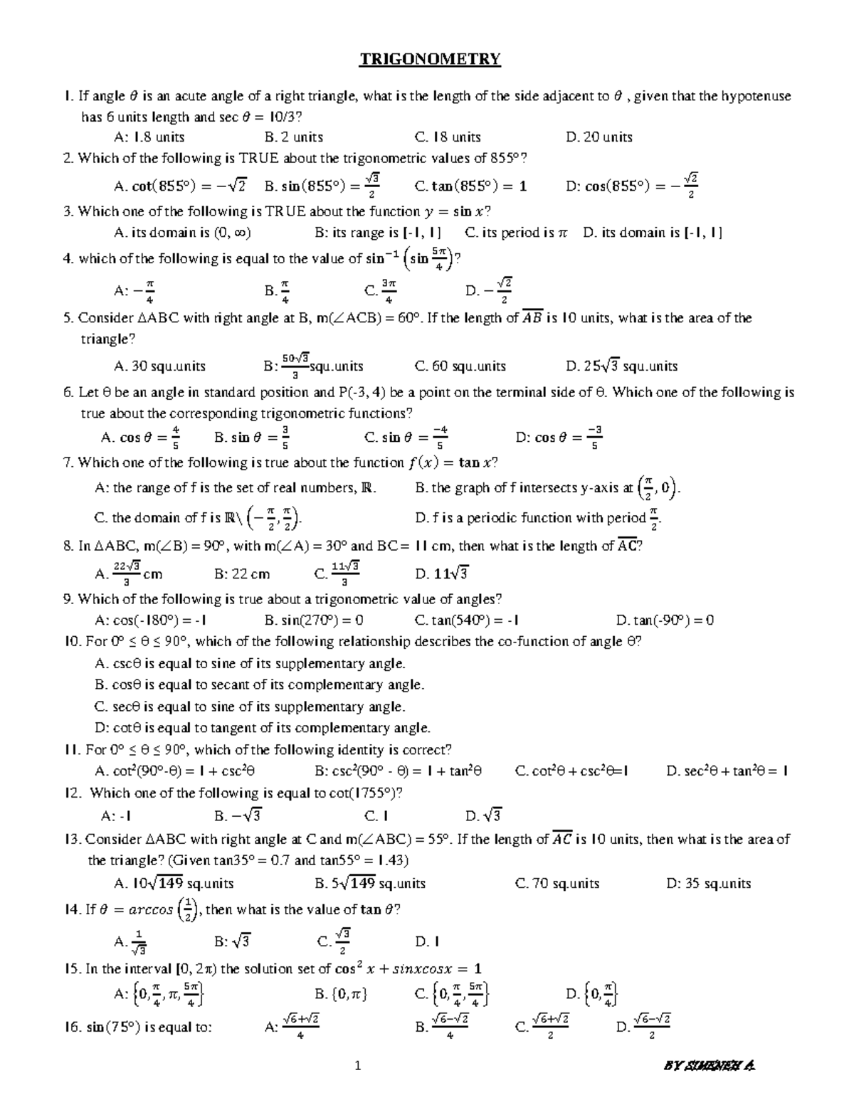 Maths Practice Exercise for Grade 12 - Trigonometry & Geometry - Studocu