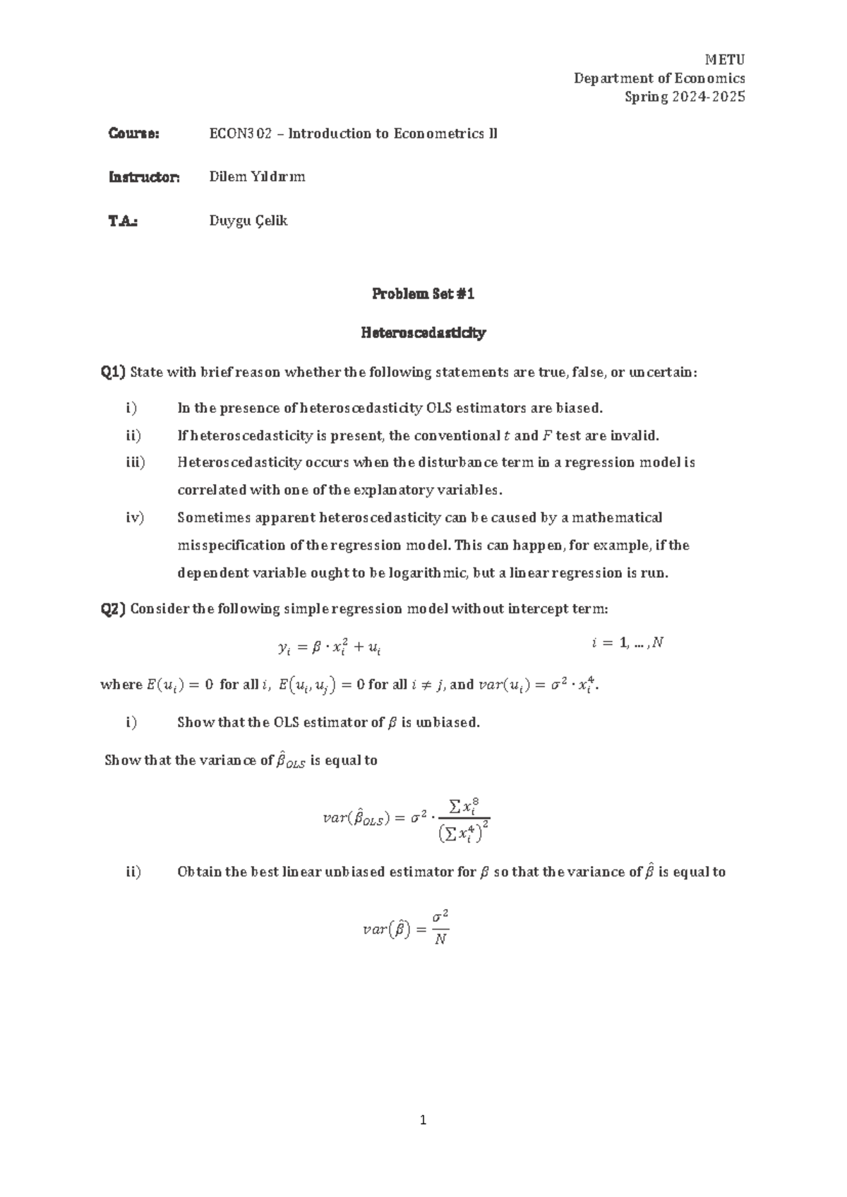 ECON302 Problem Set 01: Heteroscedasticity Analysis and Regression ...