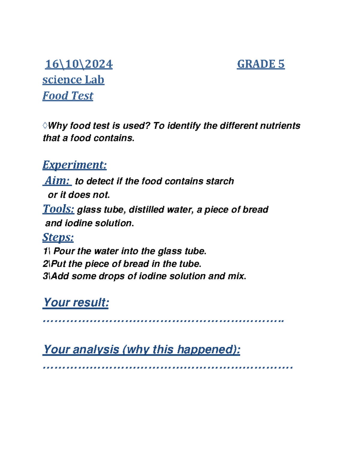G5.FOOD TEST LAB - Practical notes - 16\10\2024 GRADE 5 science Lab ...
