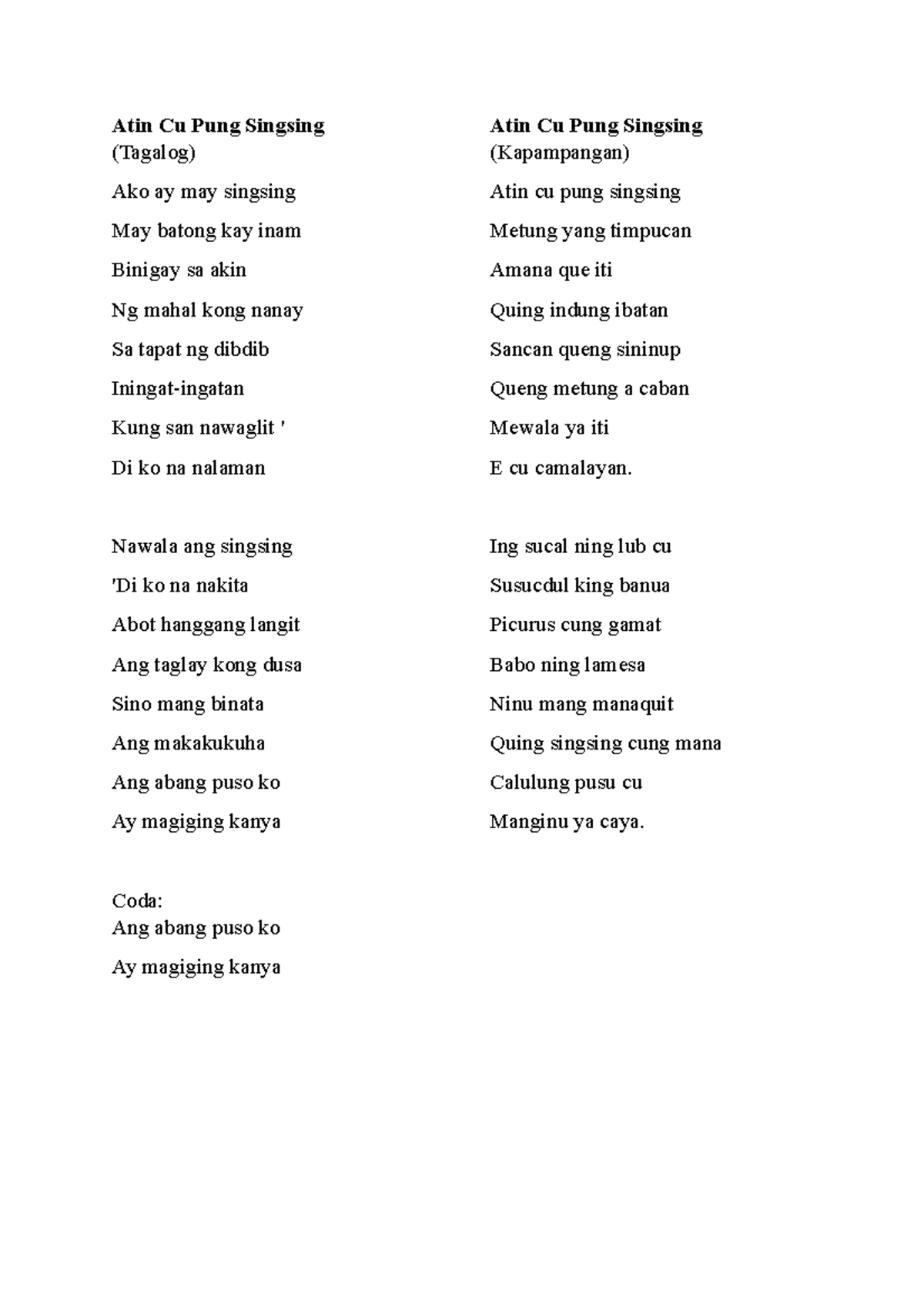 Atin Cu Pung Singsing - Atin Cu Pung Singsing (Tagalog) Ako ay may ...