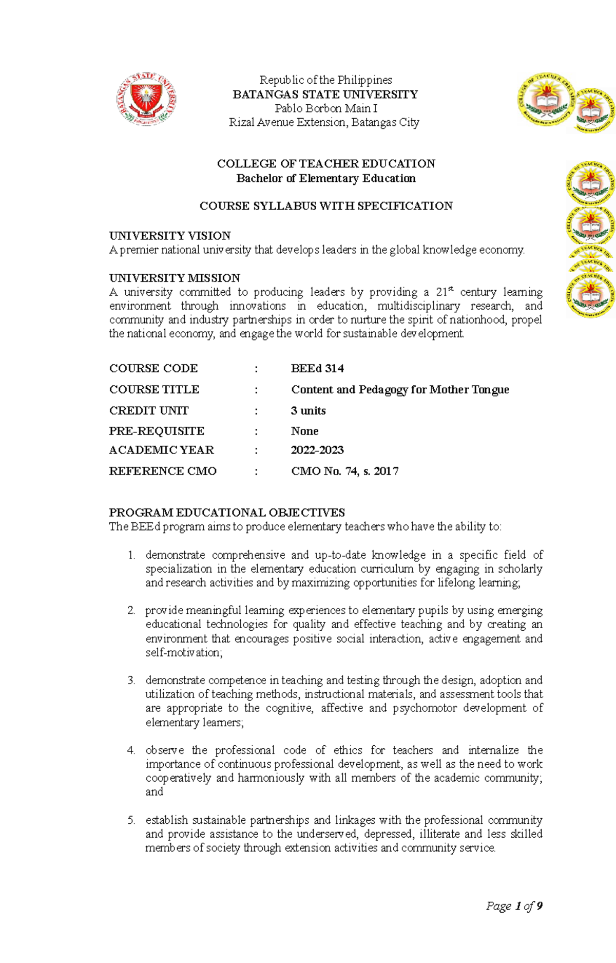 Syllabus BEED-314: Content and Pedagogy for Mother Tongue Education ...