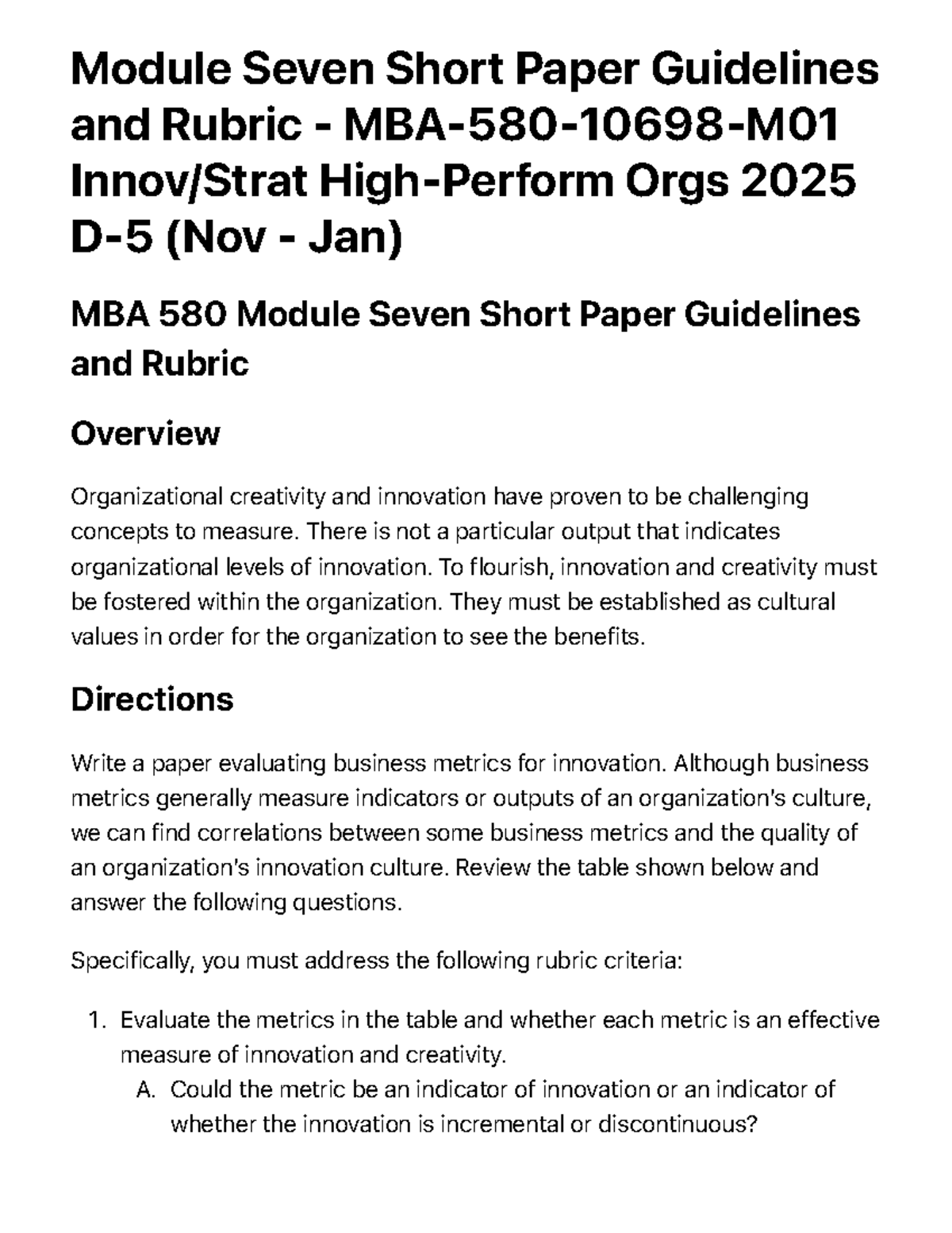 MBA 580 Module Seven Short Paper Guidelines on Innovation Metrics - Studocu