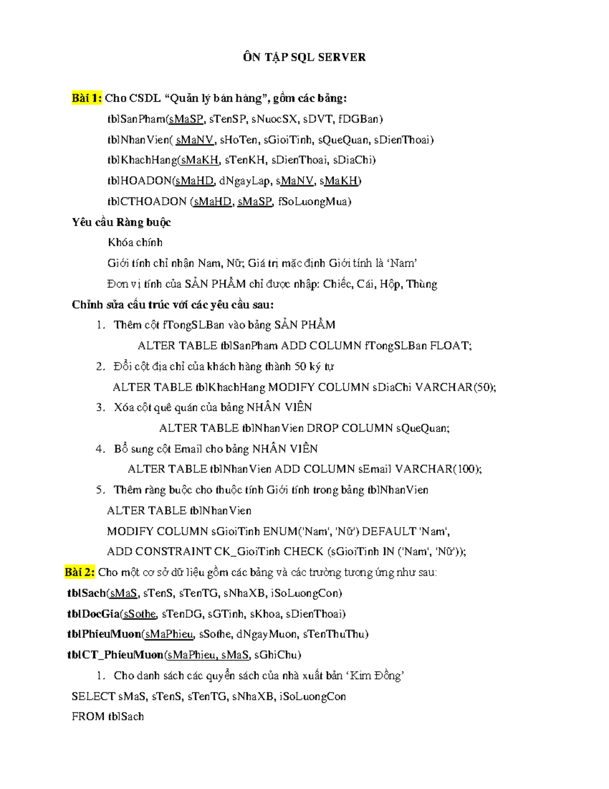 ÔN TẬP SQL SERVER - Bài Tập và Câu Lệnh Truy Vấn - Studocu