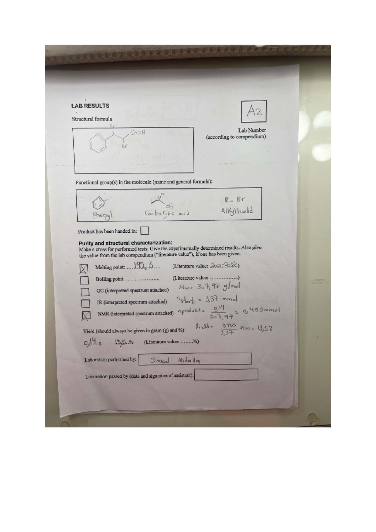 Lab A2 Results: Structural Characterization of Bromination of Cinnamic ...
