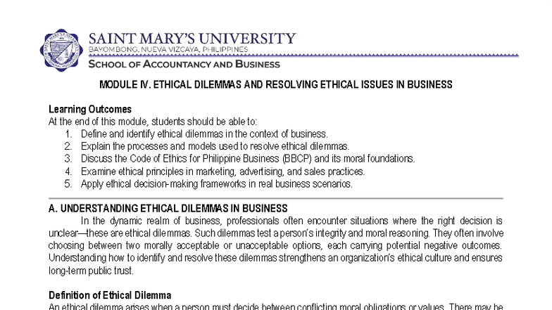 MODULE IV: ETHICAL DILEMMAS IN BUSINESS - Governance & Ethics Overview ...
