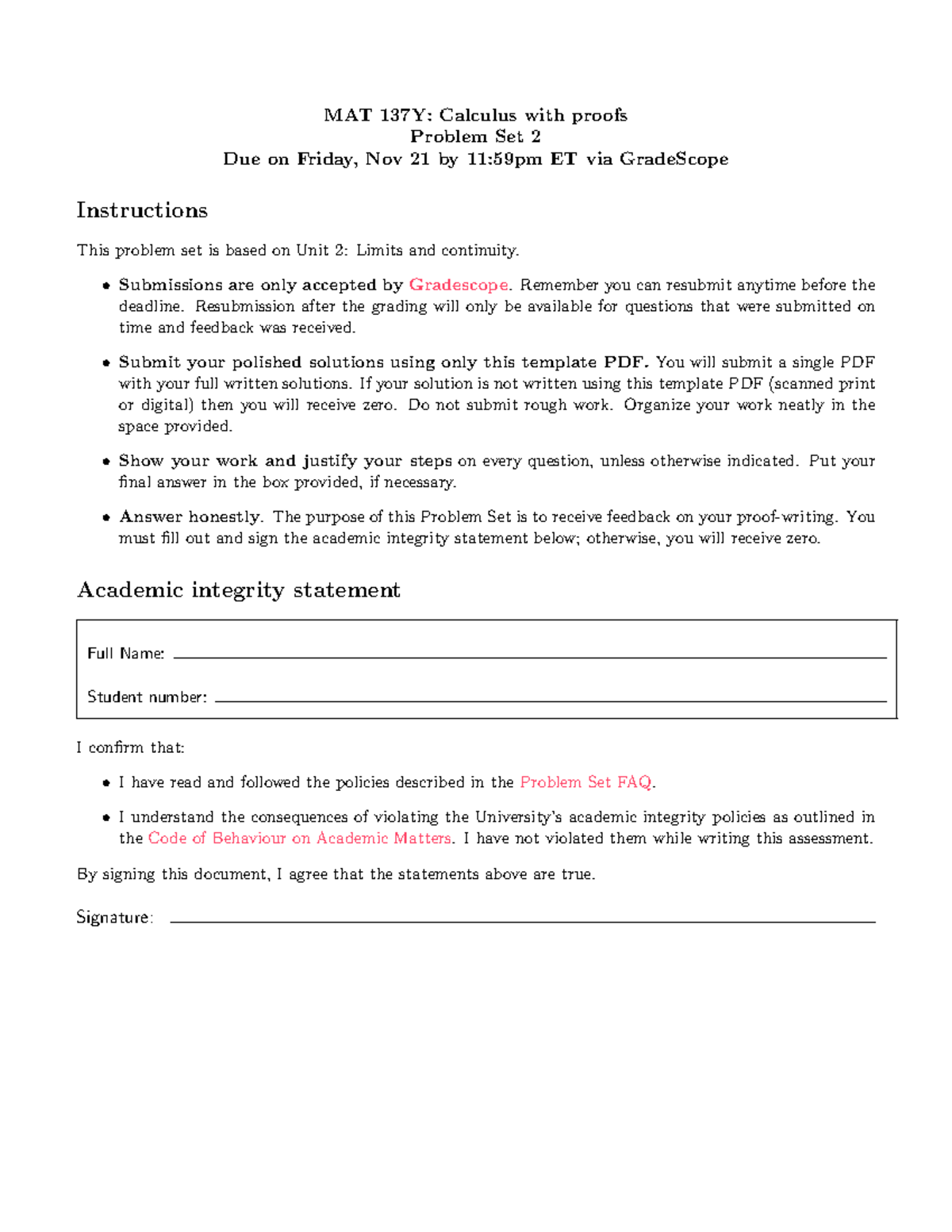 MAT 137Y: Calculus with Proofs Problem Set 2 - Limits & Continuity ...