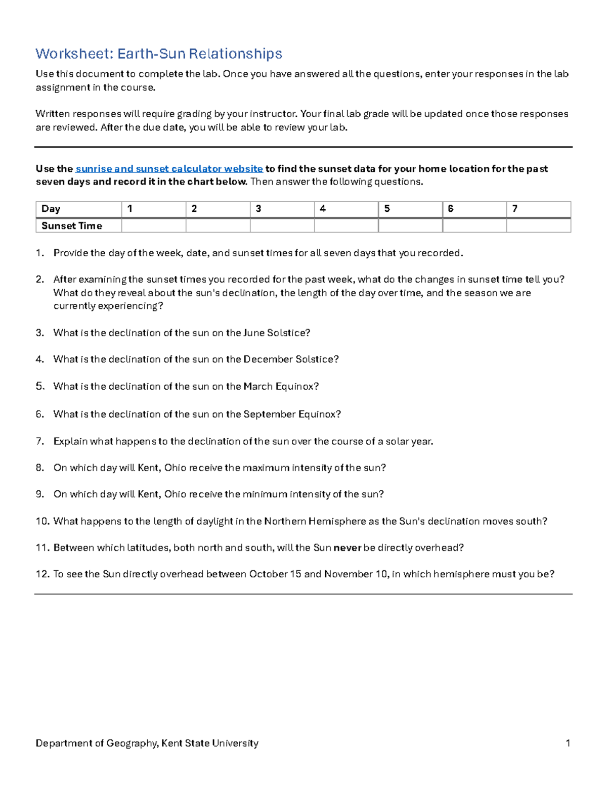 Worksheet: Lab 4 - Analyzing Sunset Times and Solar Intensity - Studocu
