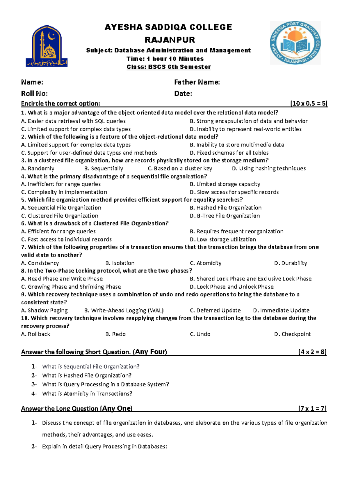 Database Administration and Management Midterm Paper - BSCS 6th Sem ...