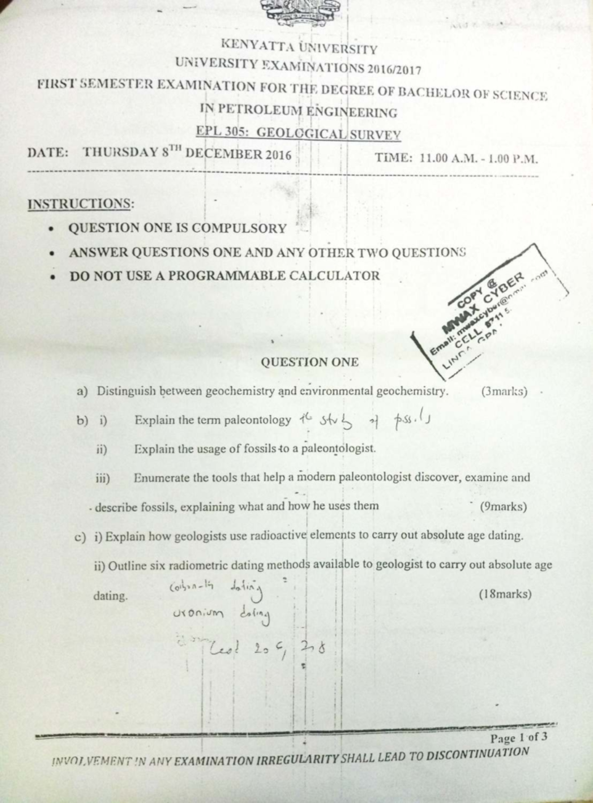 EPL 305: Geological Survey Exam Questions and Guidelines - Studocu