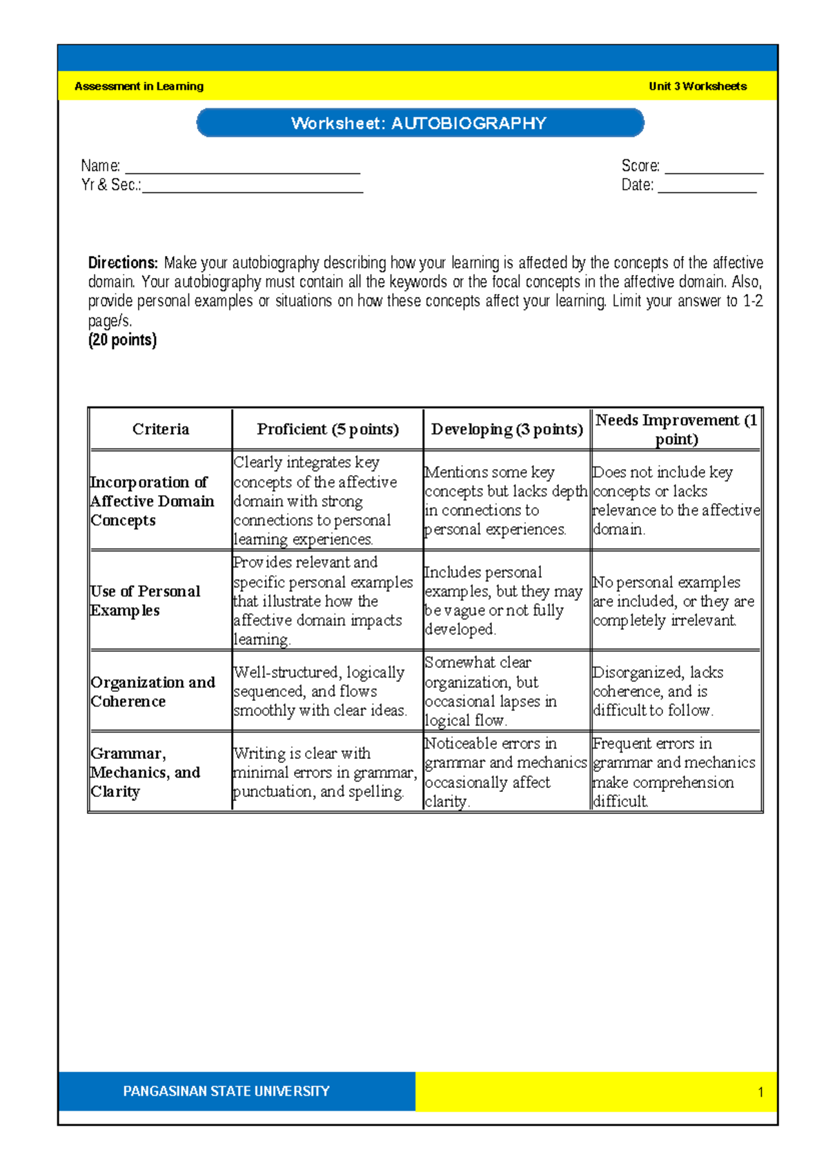 Module 3 Worksheet 1 Assessment in Learning - Worksheet: AUTOBIOGRAPHY ...