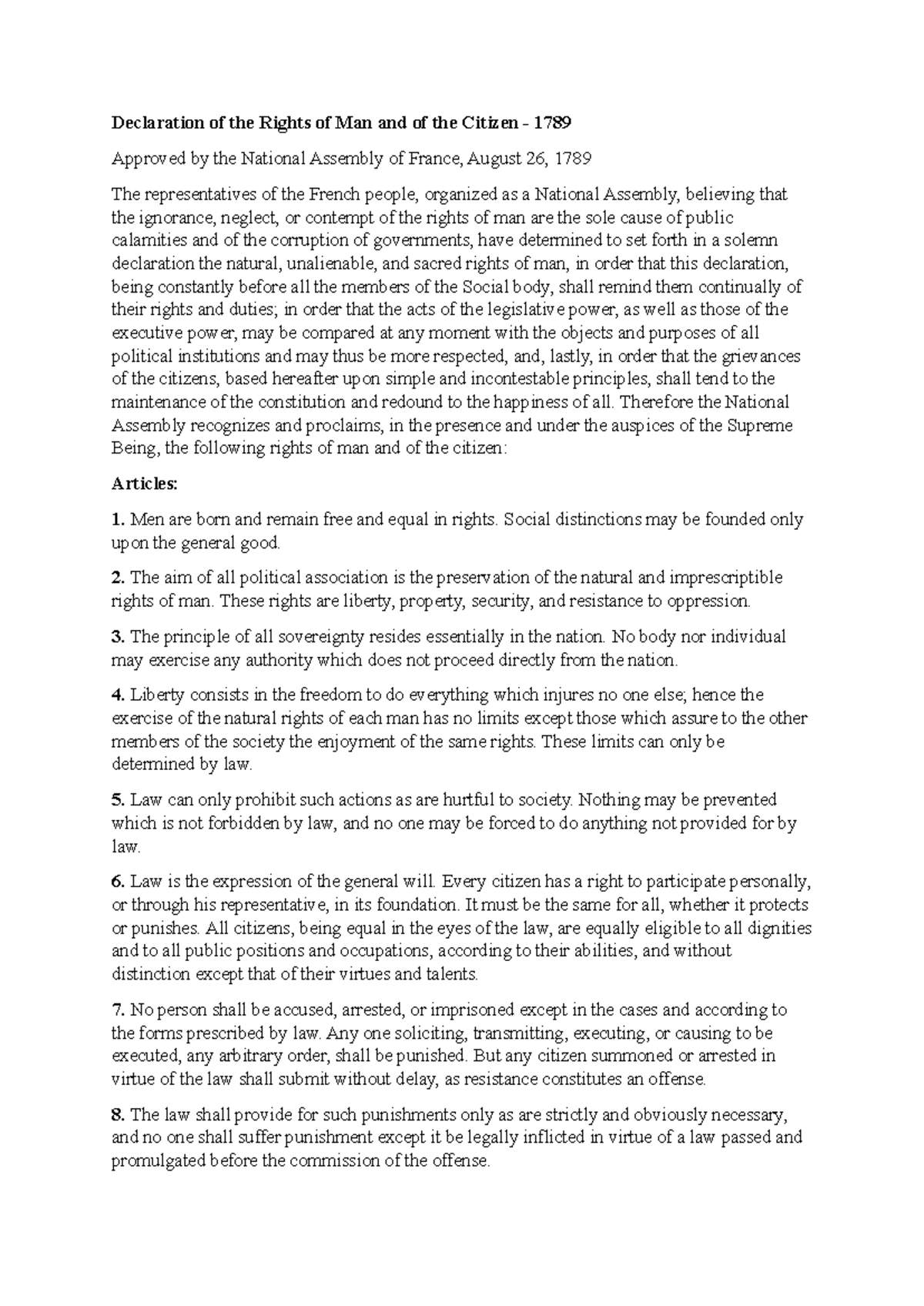 Declaration of the Rights of Man & Citizen - 1789 Overview - Studocu