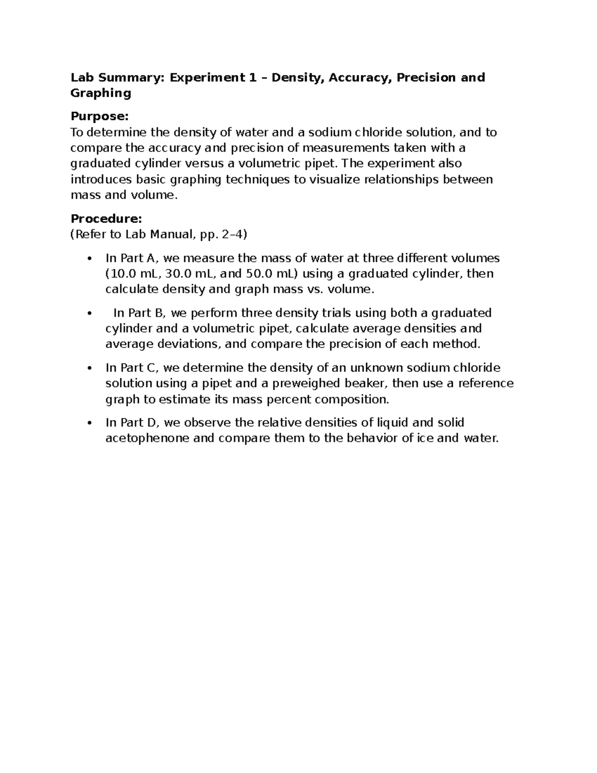 Lab 1 Summary: Density, Accuracy, Precision & Graphing Techniques - Studocu