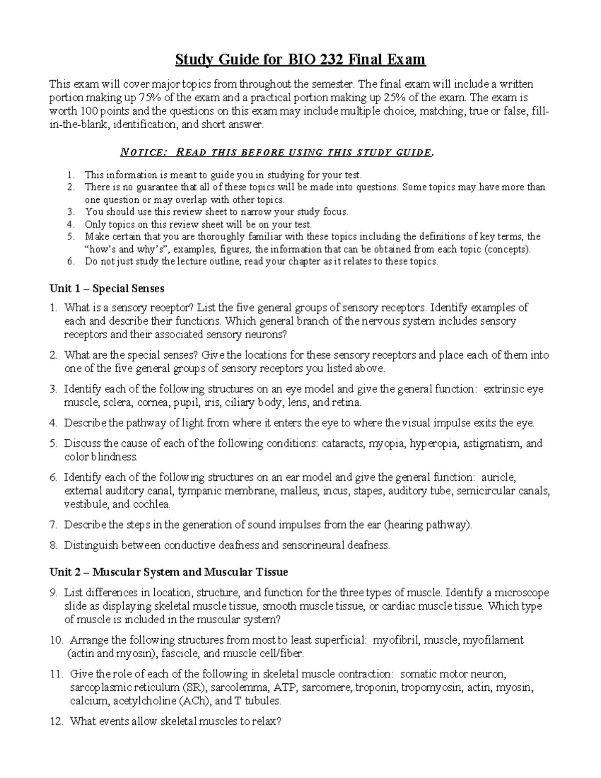 BIO 232 Cumulative Final Exam Study Guide - Studocu