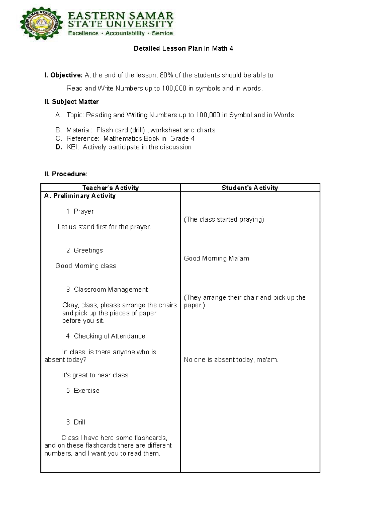 Math 4 Lesson Plan: Reading & Writing Numbers up to 100,000 - Studocu