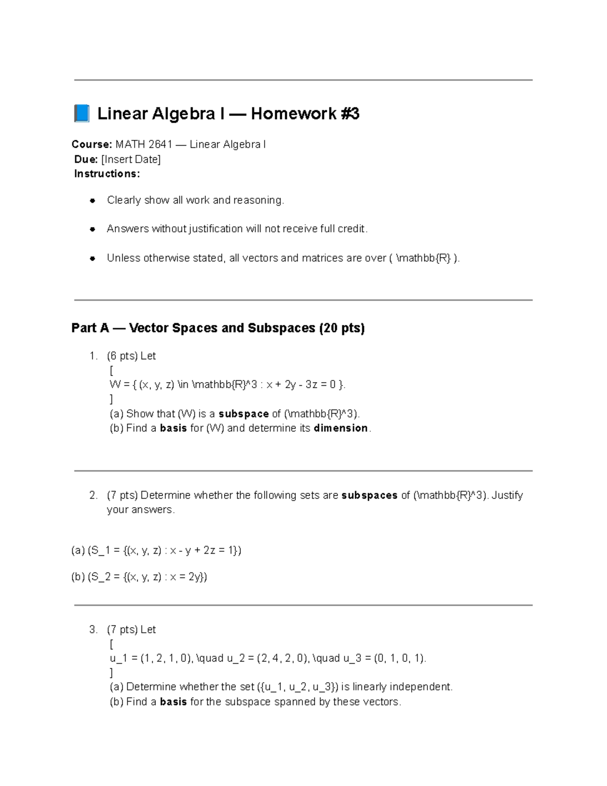 Linear Algebra I Homework 4 - MATH 2641 - Studocu