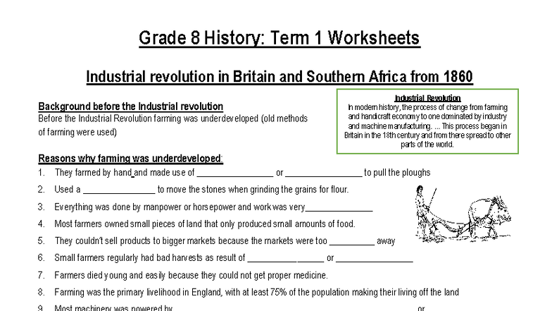 Gr. 8 History: Term 1 Worksheets on the Industrial Revolution in ...