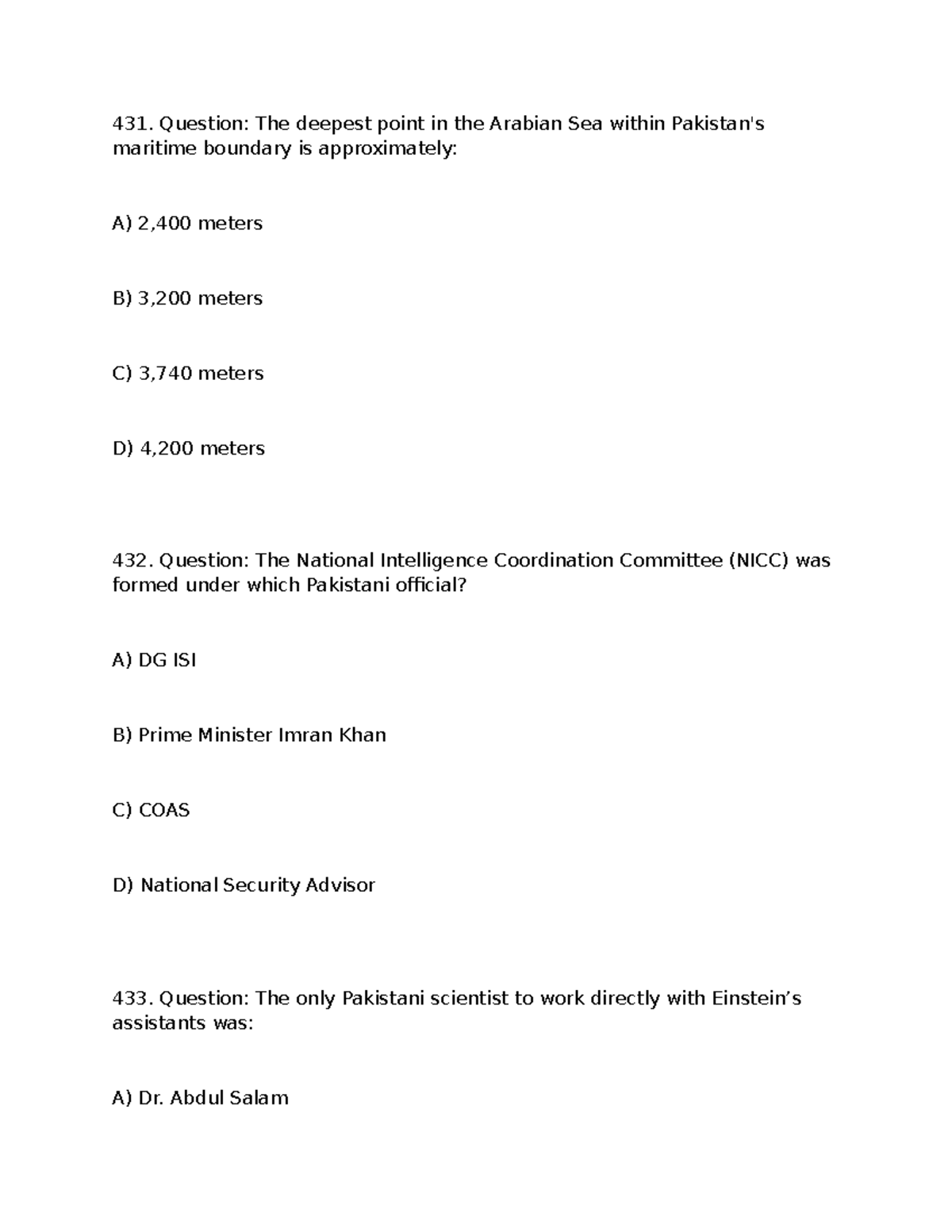 431. Pakistan General Knowledge Quiz: Key Questions & Answers - Studocu