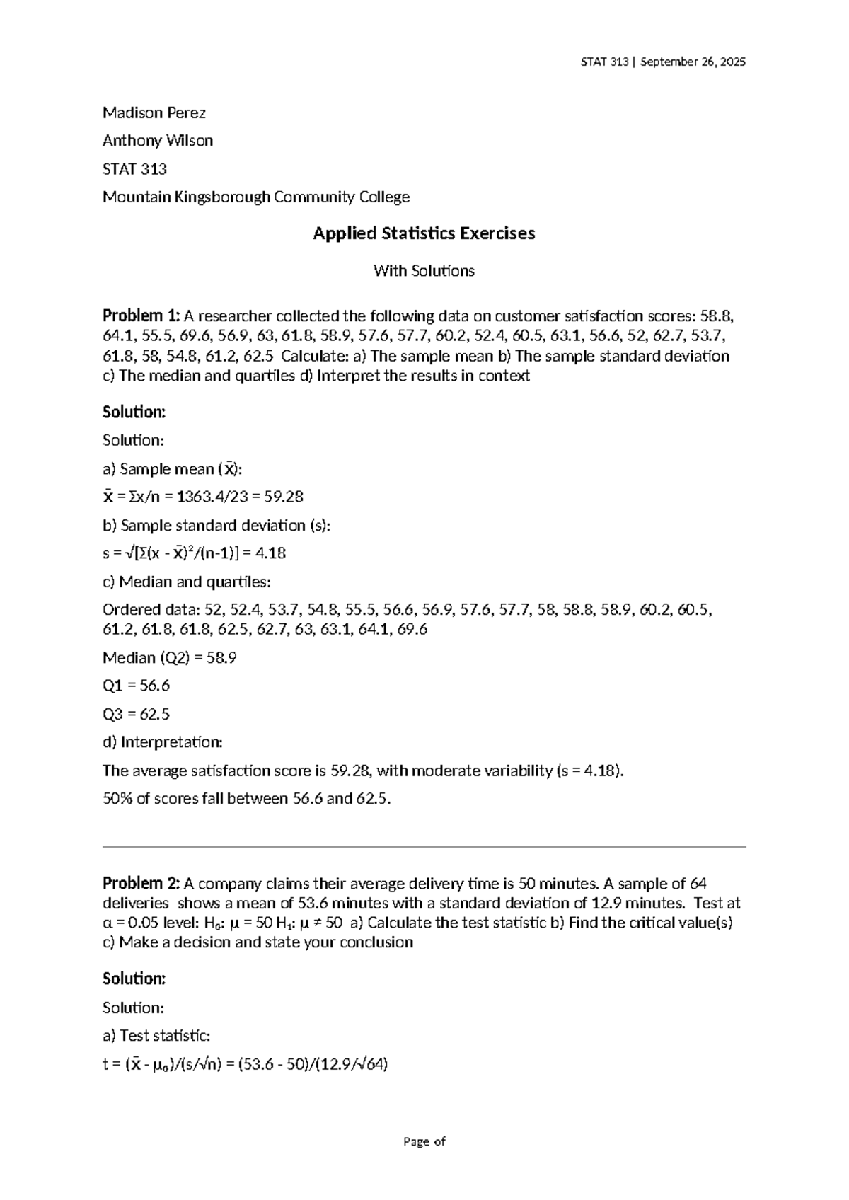 STAT 313 Applied Statistics Exercises with Solutions - Fall 2025 - Studocu