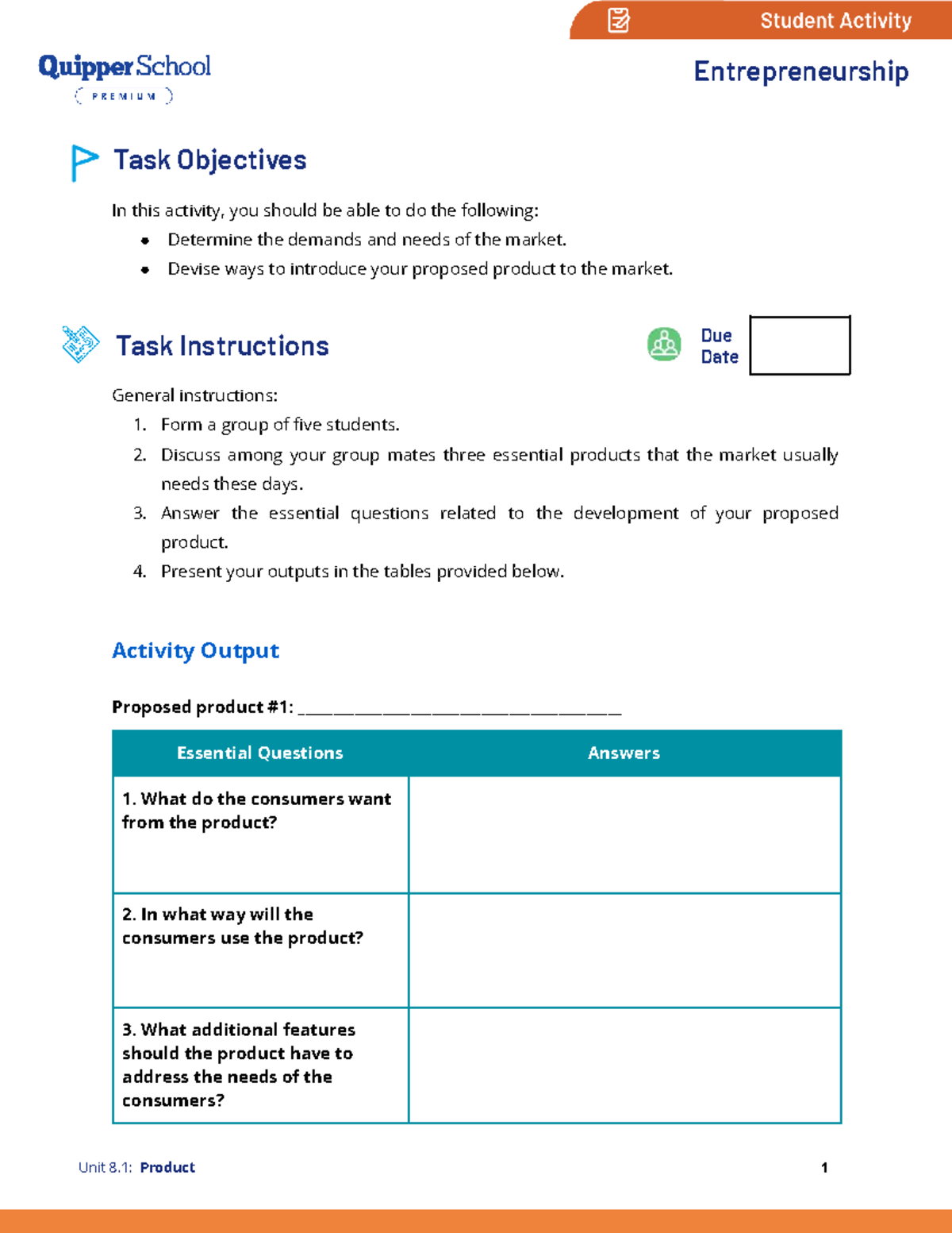 ENT SA1 Unit 8 Lesson 1: Entrepreneurship Task Objectives - Studocu