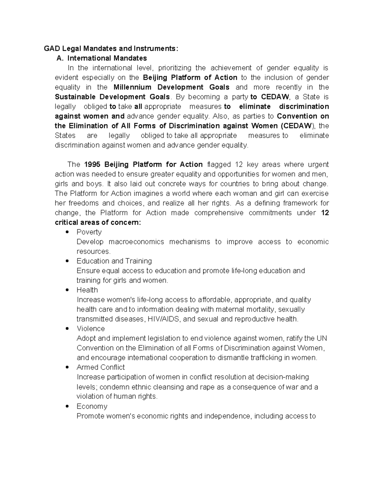 GEN 401: GAD Legal Mandates and Instruments for Gender Equality - Studocu