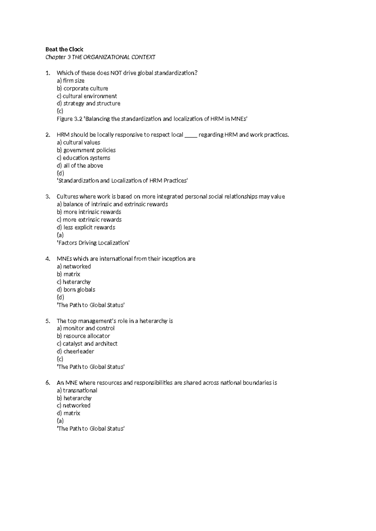 Beat the Clock MCQs: Chapter 3 & 5 IHRM Insights - Studocu