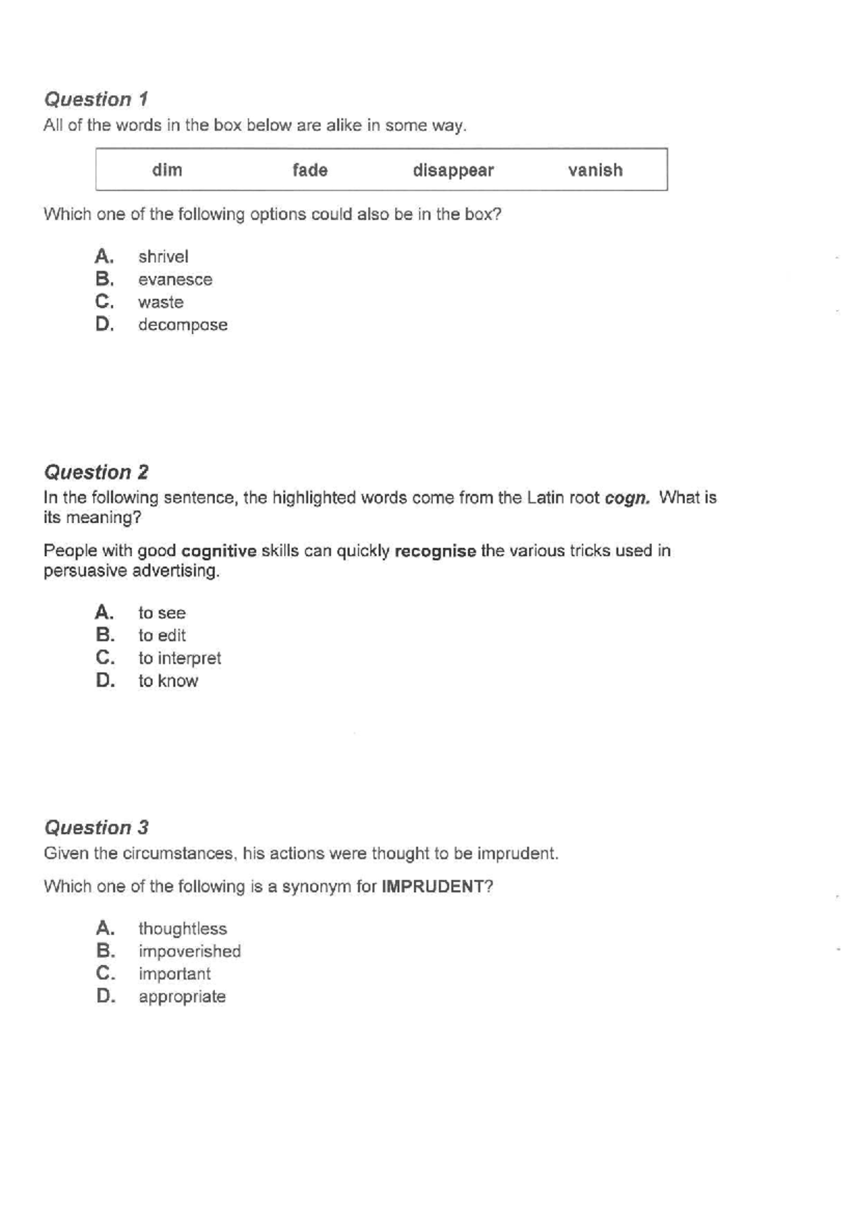Verbal Reasoning - Practice Questions (Timed) - Studocu