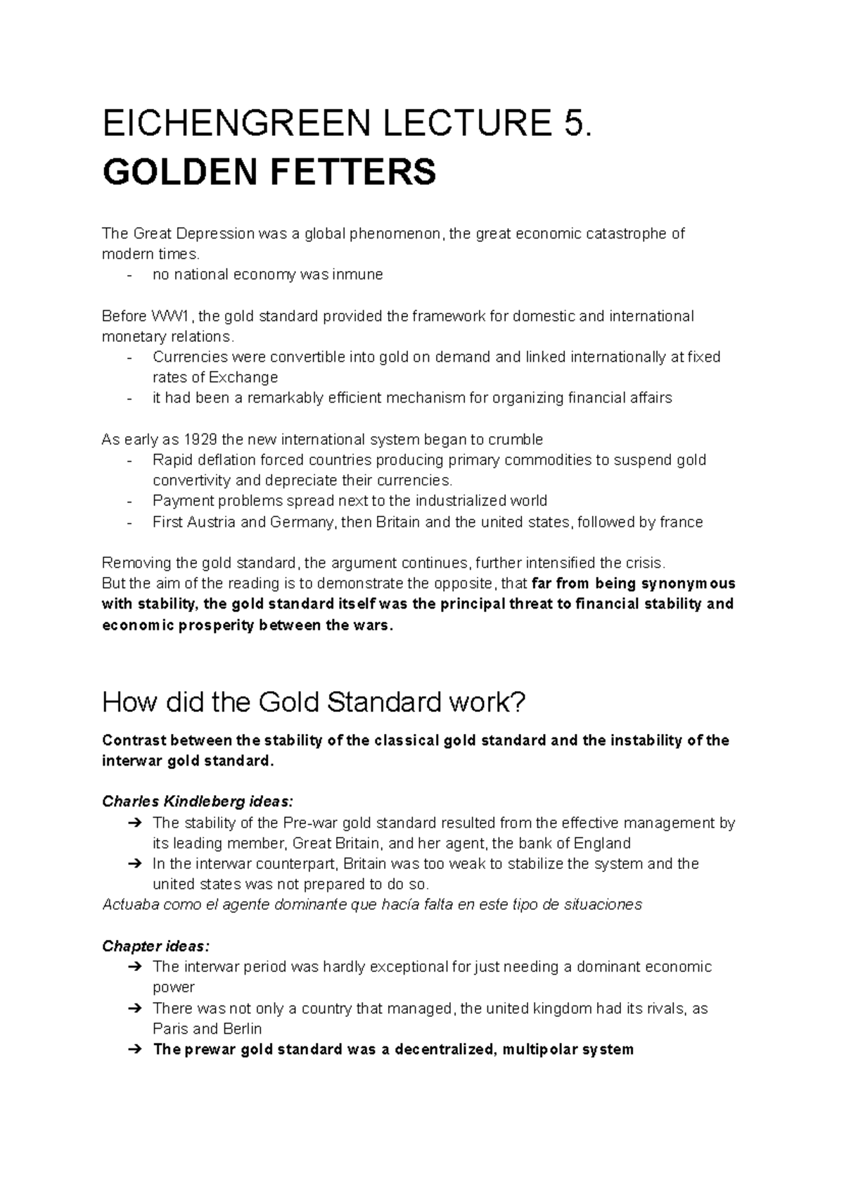 EICHENGREEN LECTURE 5: GOLDEN FETTERS AND THE GREAT DEPRESSION - Studocu