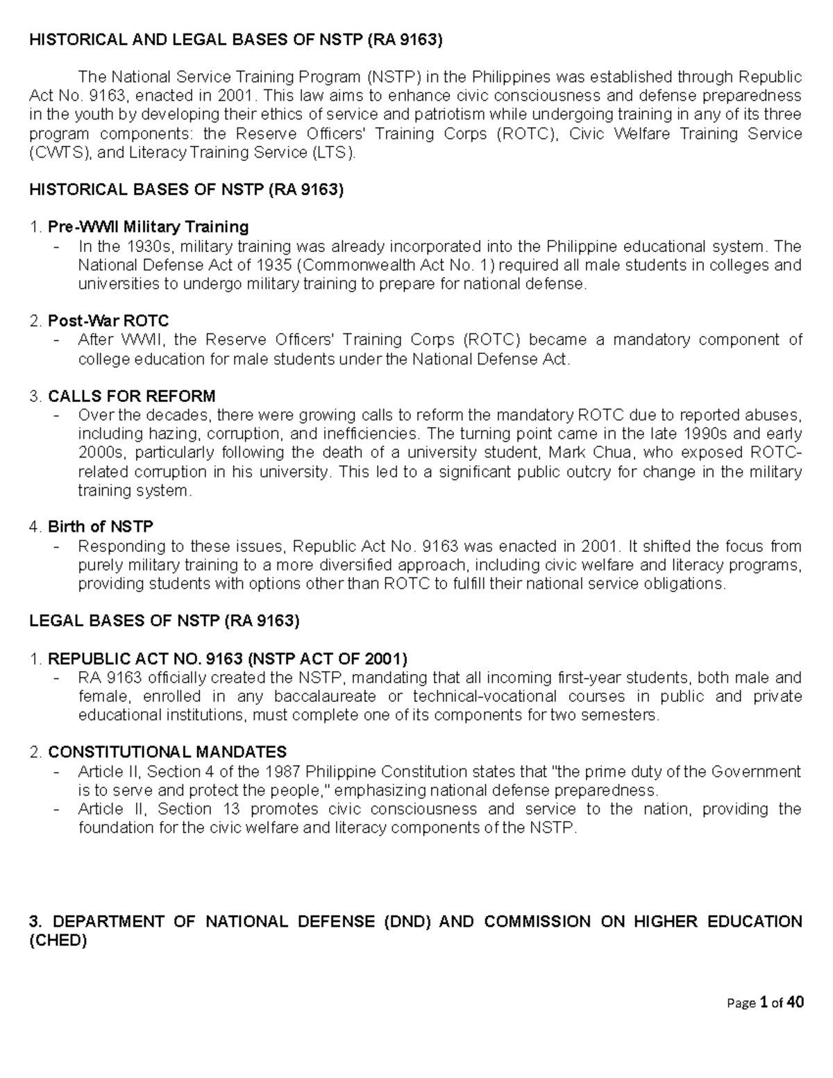 NSTP 1: Historical and Legal Foundations of the National Service ...