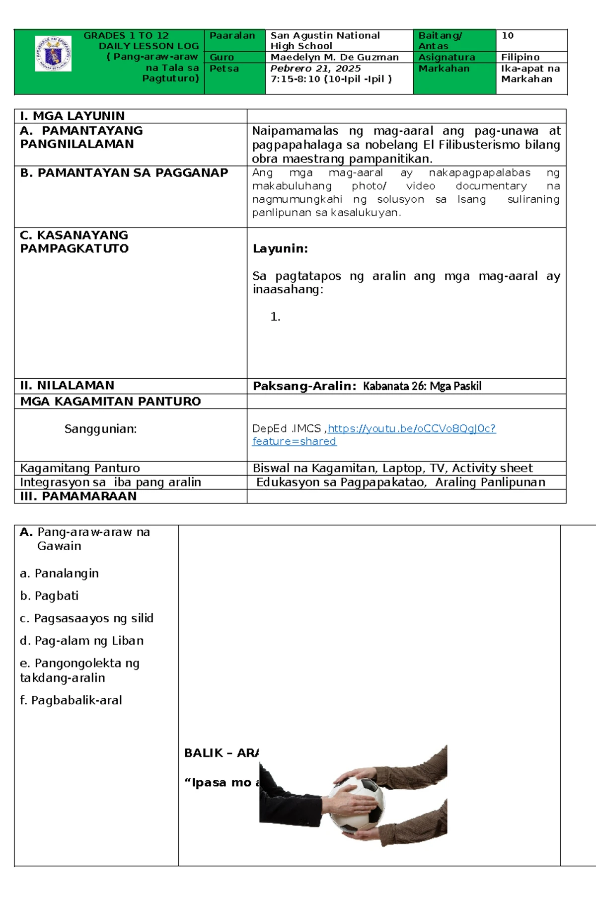 PASKIL: Daily Lesson Log for Grades 1-12 (Final) - Filipino Kabanata 26 ...