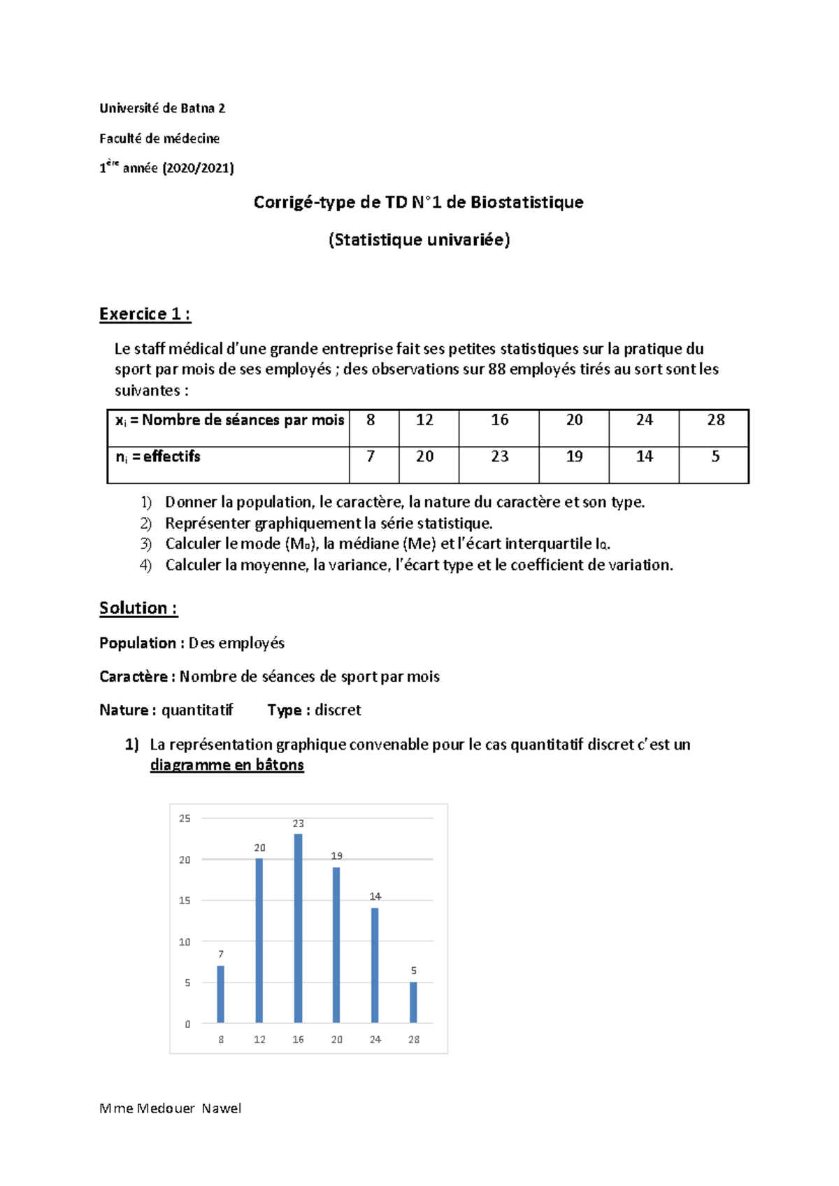 TD1 Statistique Descriptive - Corrigé Type Biostatistique 1ère Année ...