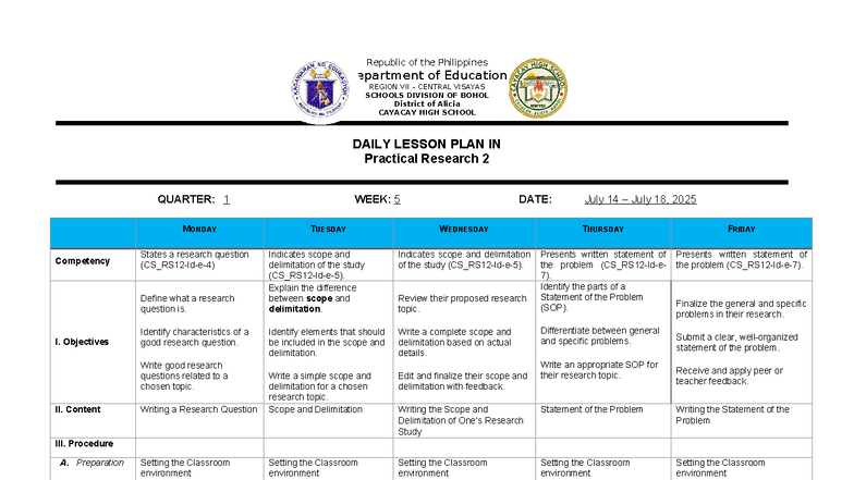PR2 - Daily Lesson Plan: Writing Scope & Delimitation in Research - Studocu