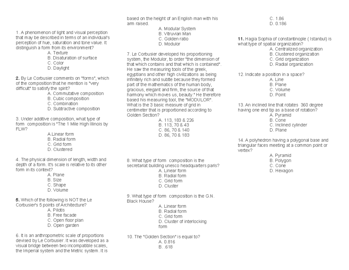 TOA-EXAM - Practice Questions for Light & Form Concepts - Studocu
