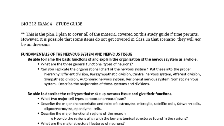 BIO 213 FINAL EXAM STUDY GUIDE: NERVOUS SYSTEM FUNDAMENTALS - Studocu