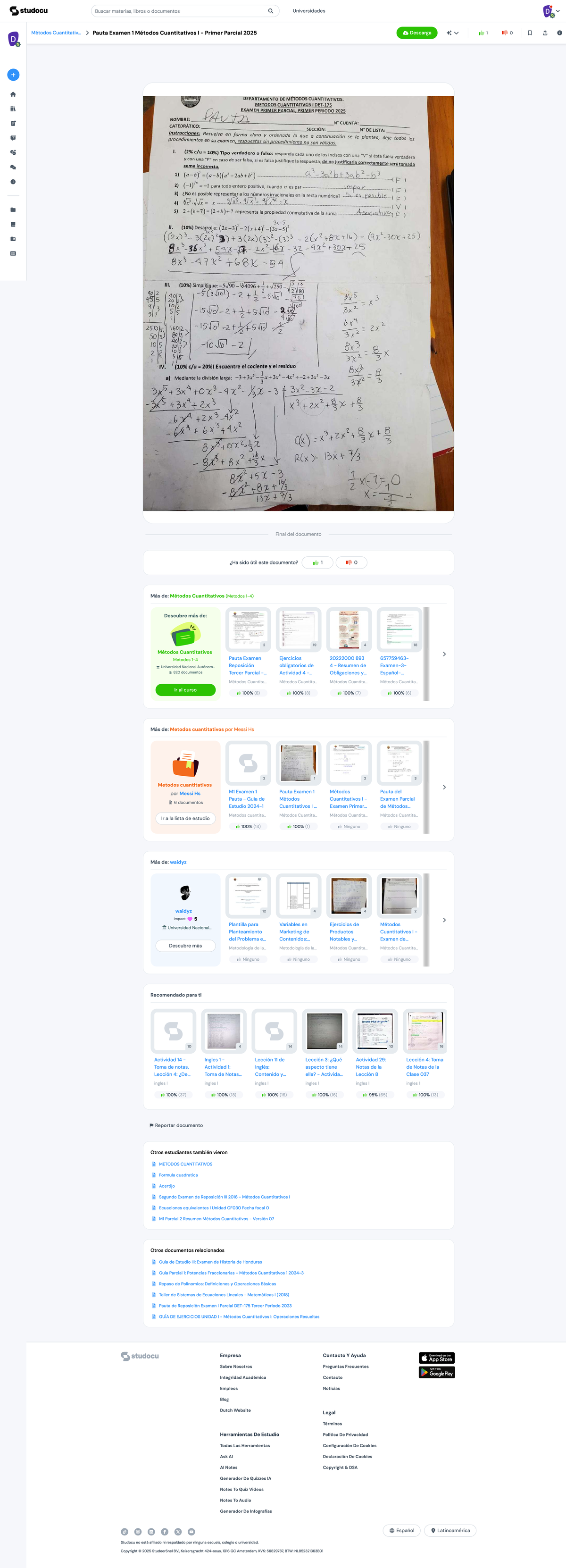 Pauta Examen 1 Métodos Cuantitativos I - Primer Parcial 2025 - Studocu