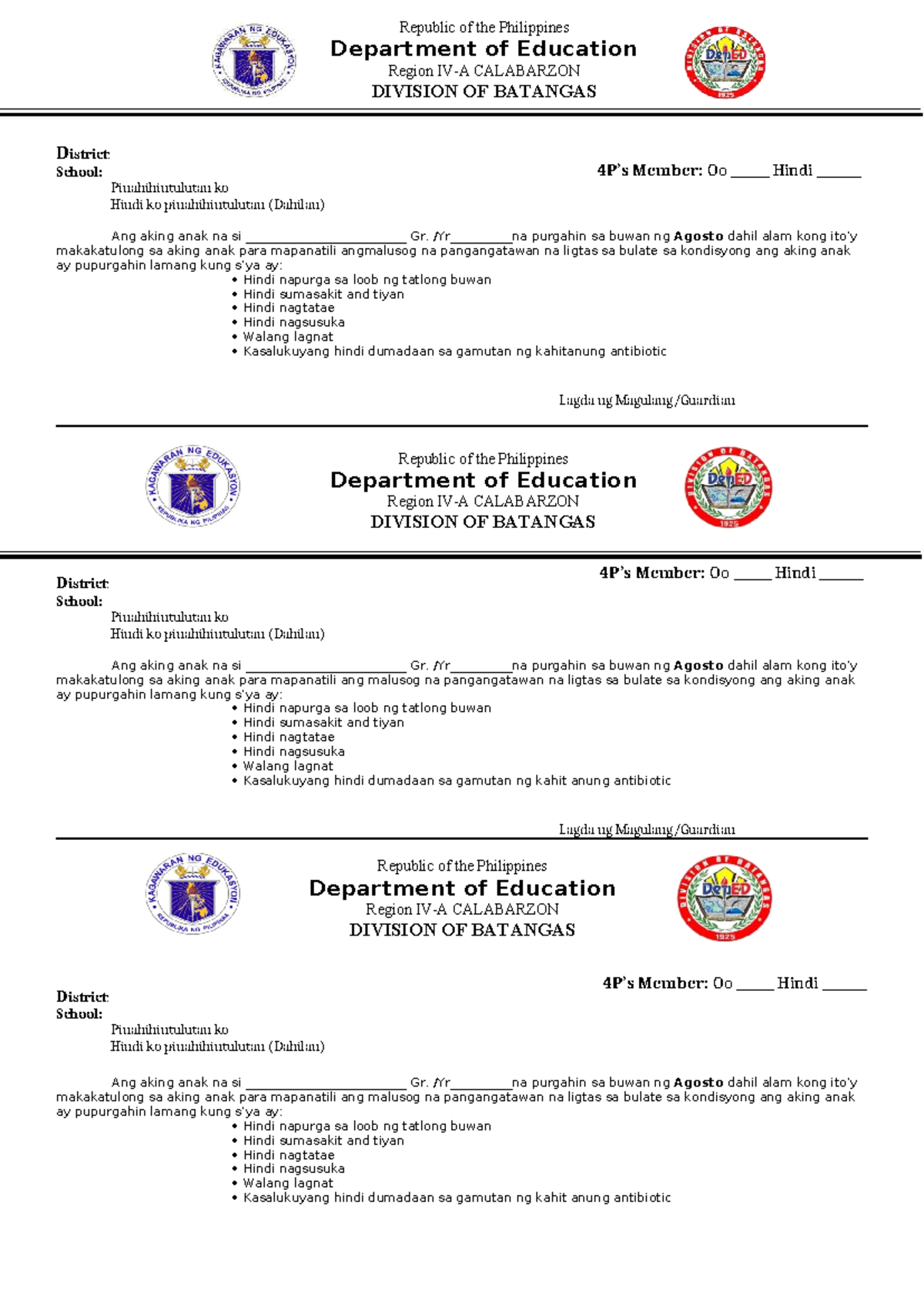 Deworming Consent Form - Republic of the Philippines - CALABARZON - Studocu