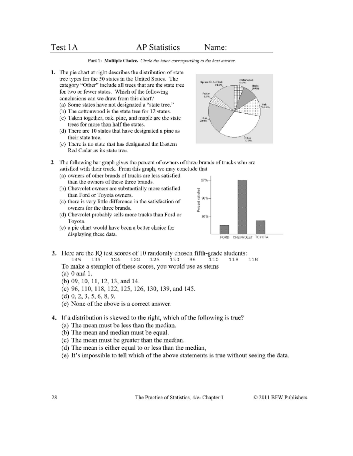 Test 1A - Multiple Choice & Free Response for AP Statistics - Studocu