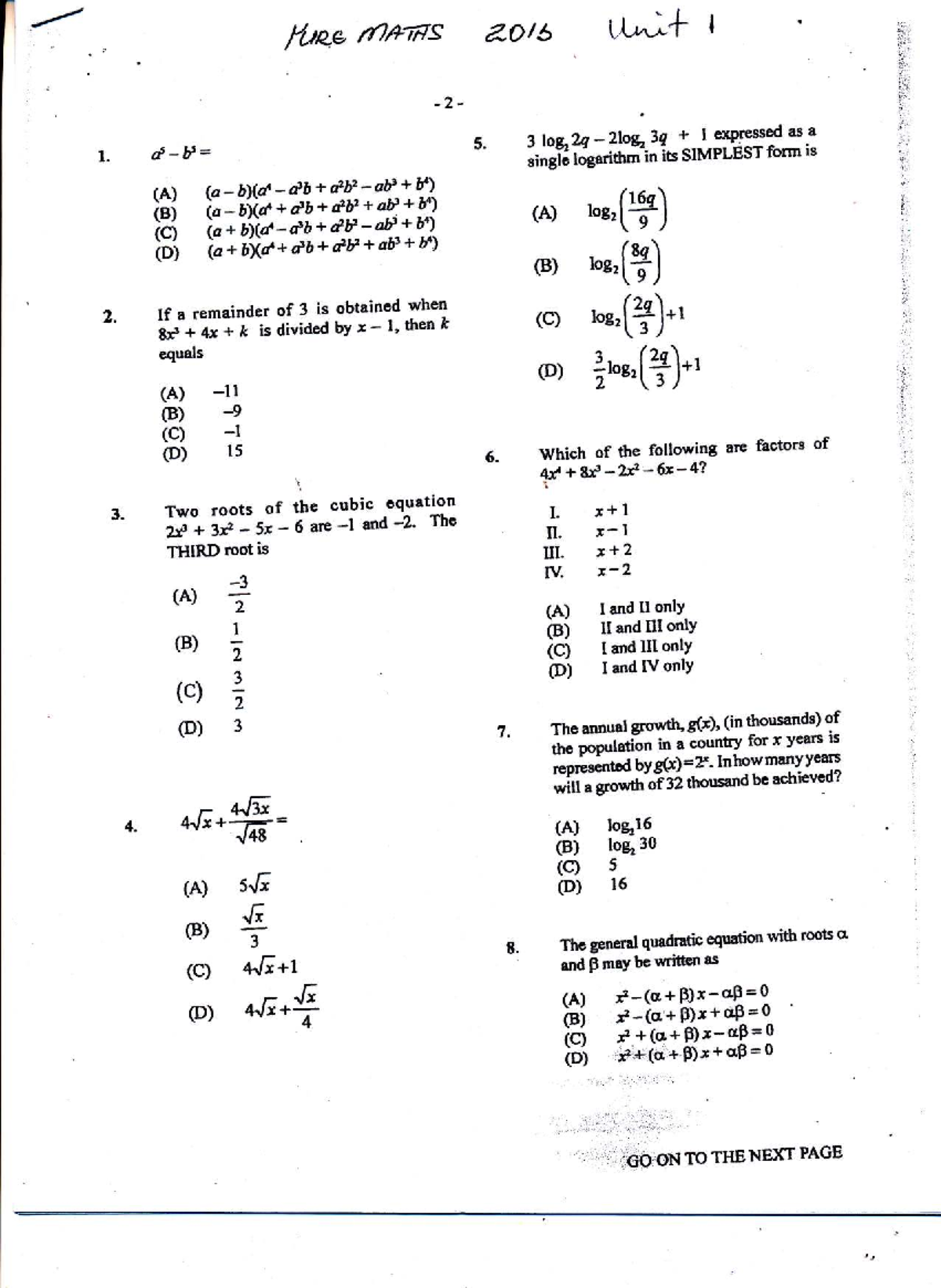 CAPE Pure Maths U1 P1 2015 Exam Questions and Solutions - Studocu