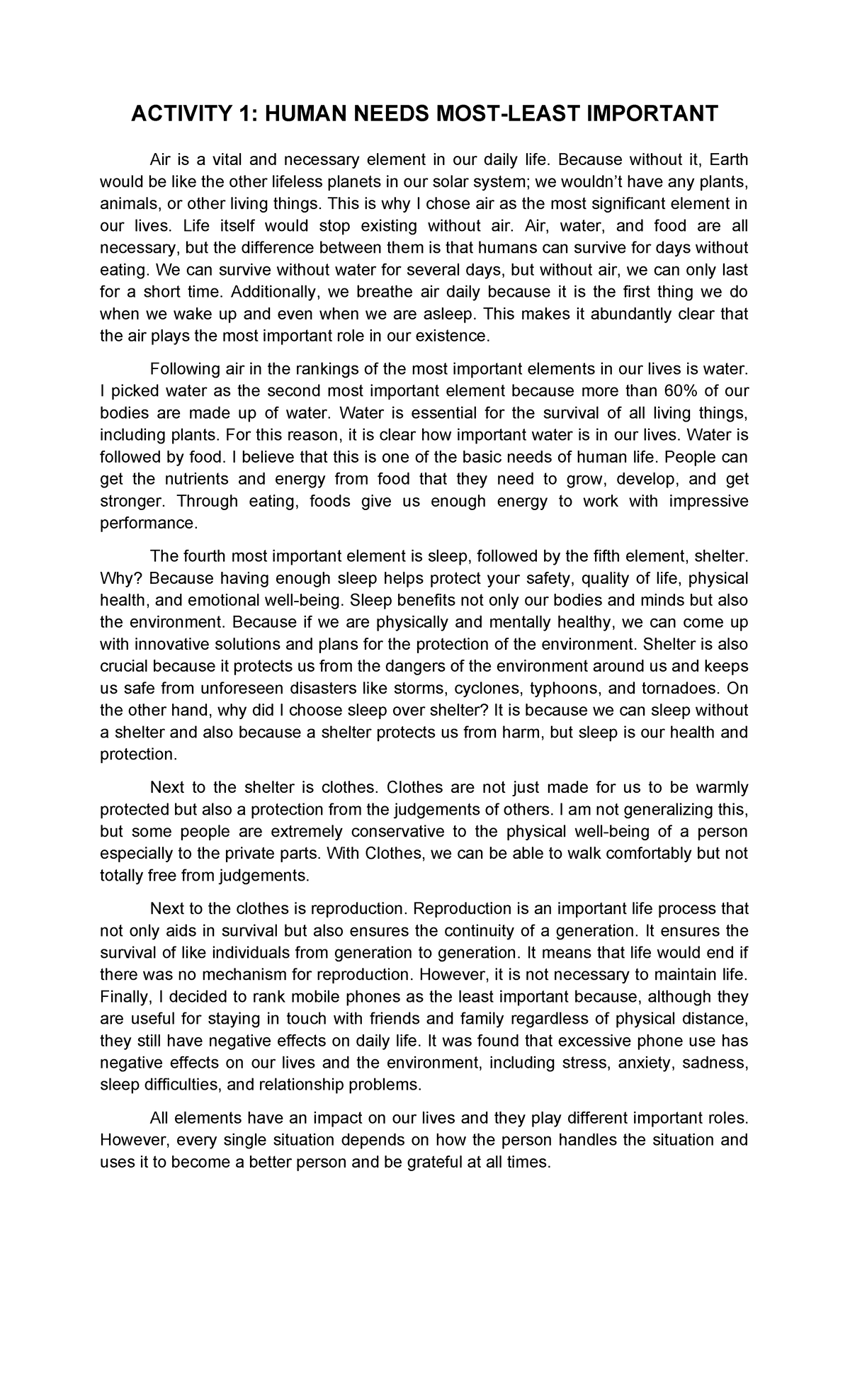 Applied Economics - Read it - ACTIVITY 1: HUMAN NEEDS MOST-LEAST ...