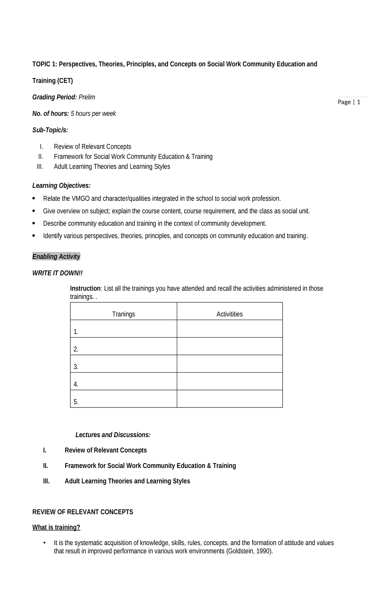 SPPS 5 Prelim Study Notes: Social Work Community Education & Training ...