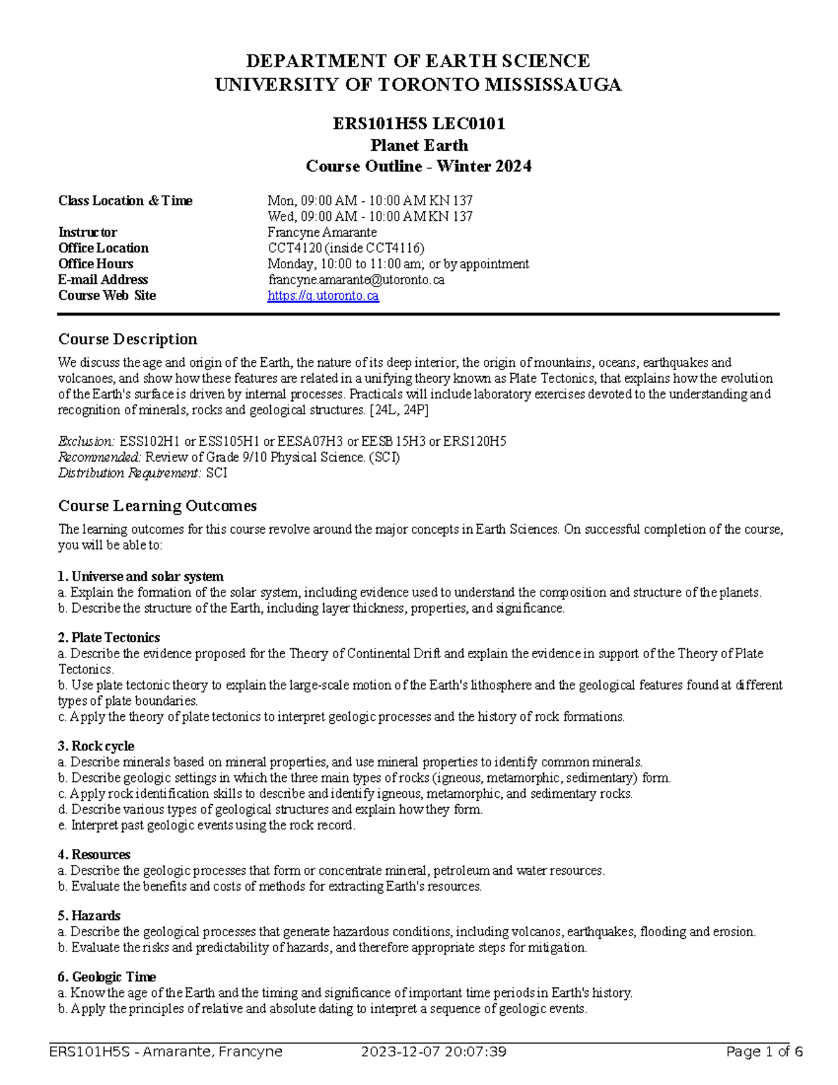 ERS101H5S LEC0101 Course Syllabus - Planet Earth (Winter 2024) - Studocu