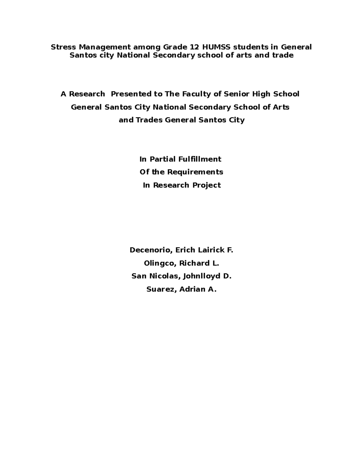 Stress Management among Grade 12 Humss students in General S - Stress ...