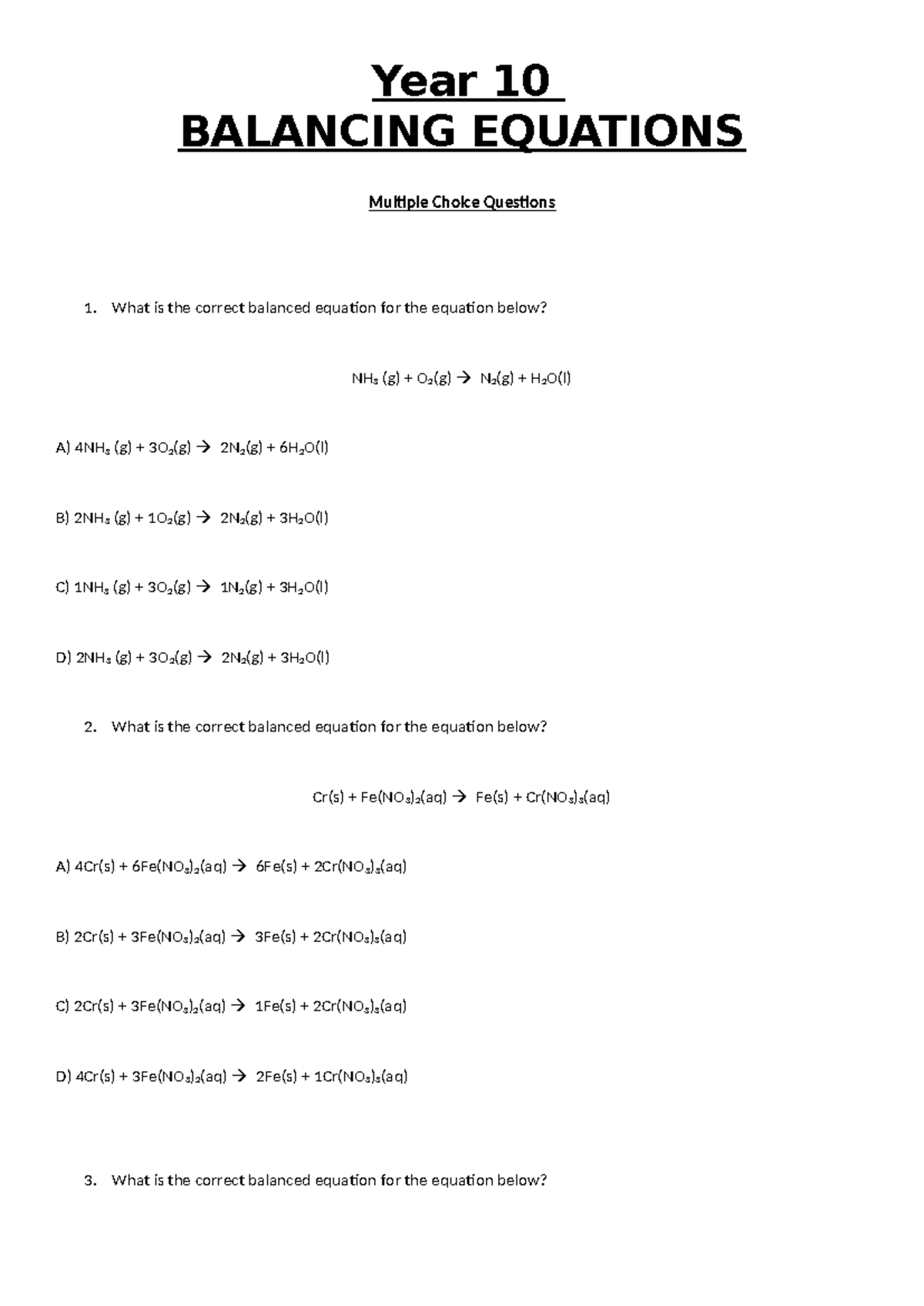 Year 10 Balancing equations x 5 mini test - Year 10 BALANCING EQUATIONS ...