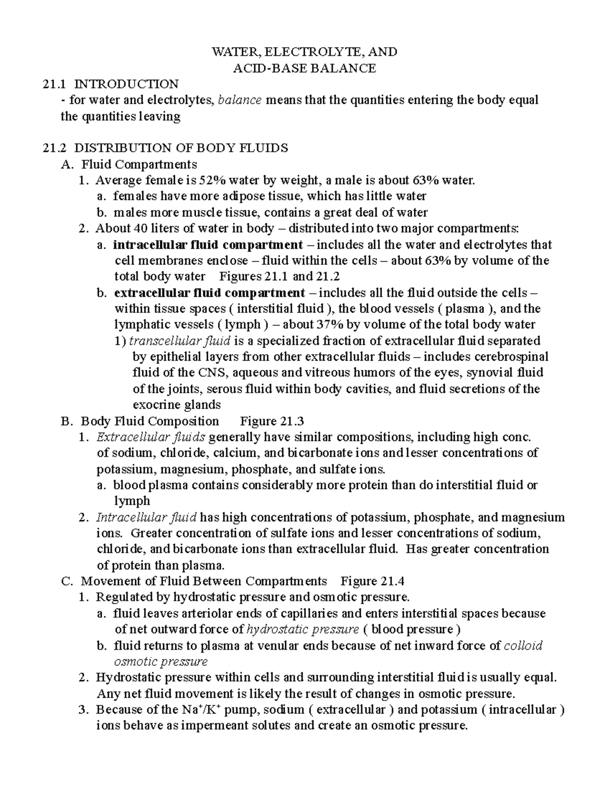 Chapter 21-227 - Lecture notes on Water, electrolyte, and acid-base ...