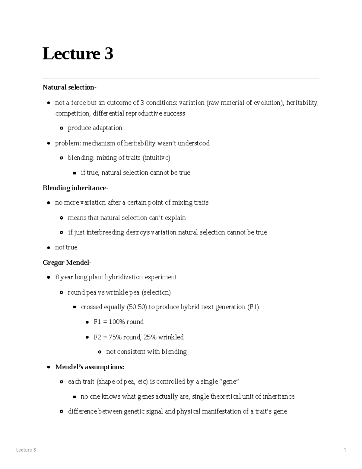 lecture 3 exam 1 content - Lecture 3 1 Lecture 3 Natural selection- not a force but an outcome ...