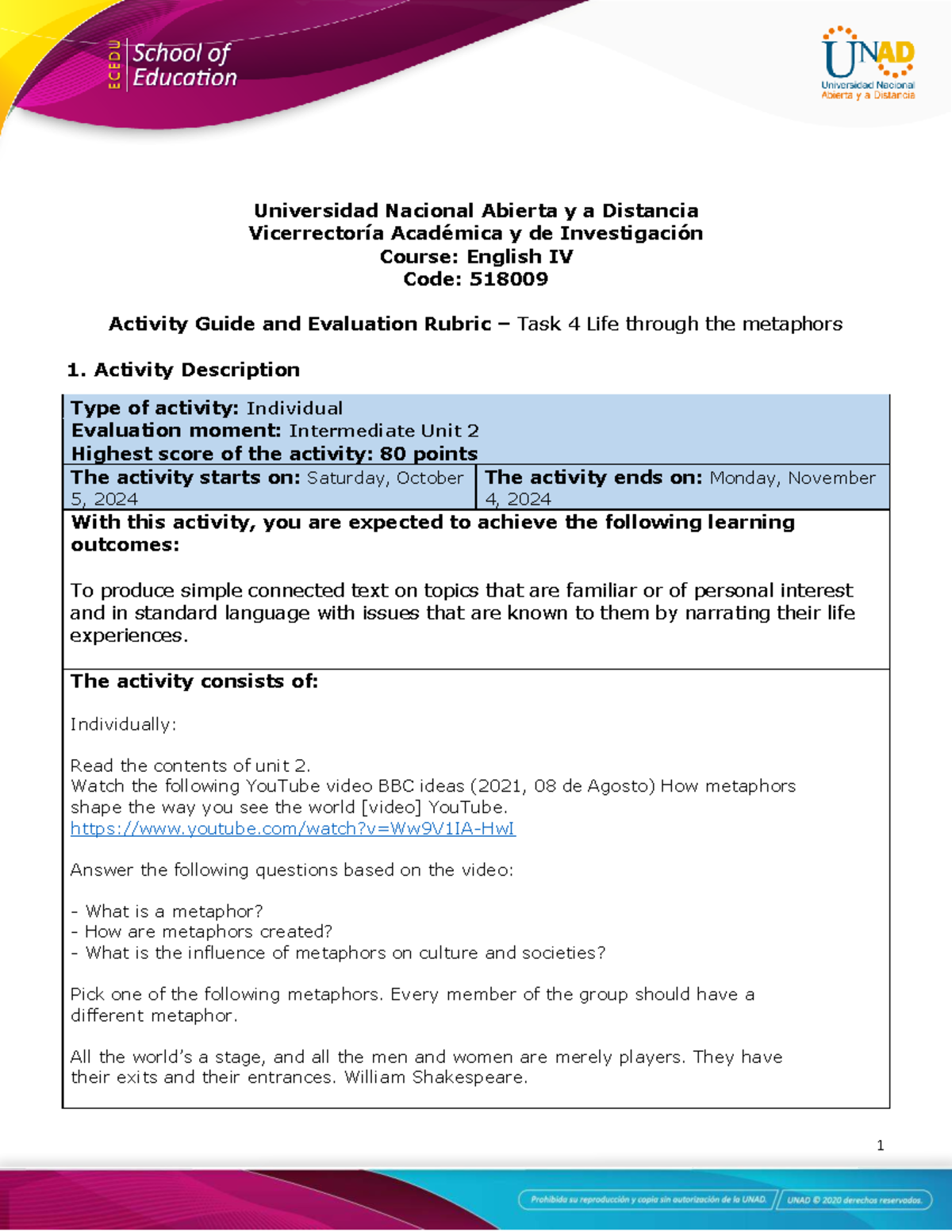 Activity Guide & Eval Rubric - English IV (518009) - Task 4: Life ...