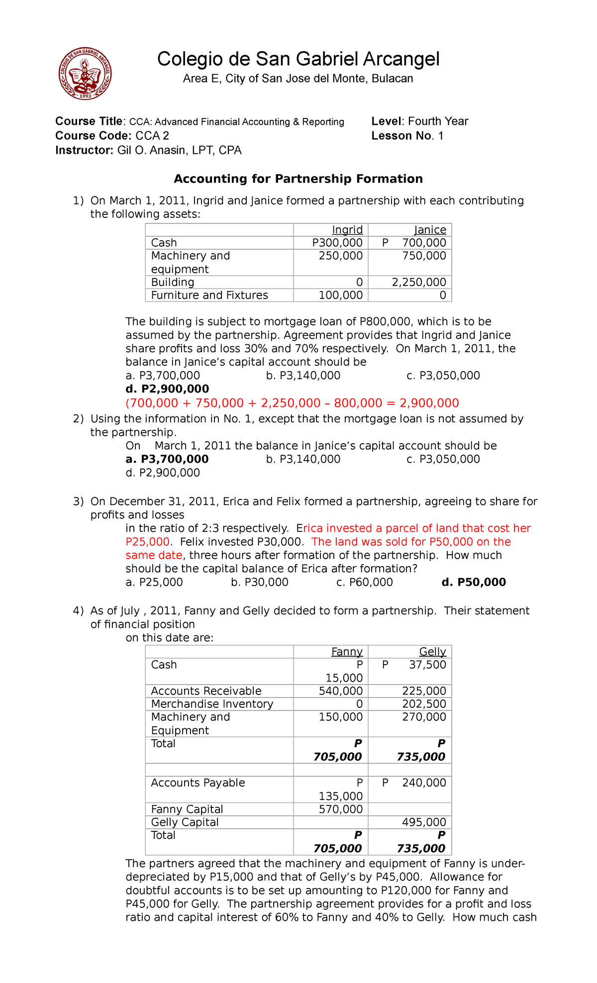 Partnership formation with problems and solutions. - Colegio de San ...
