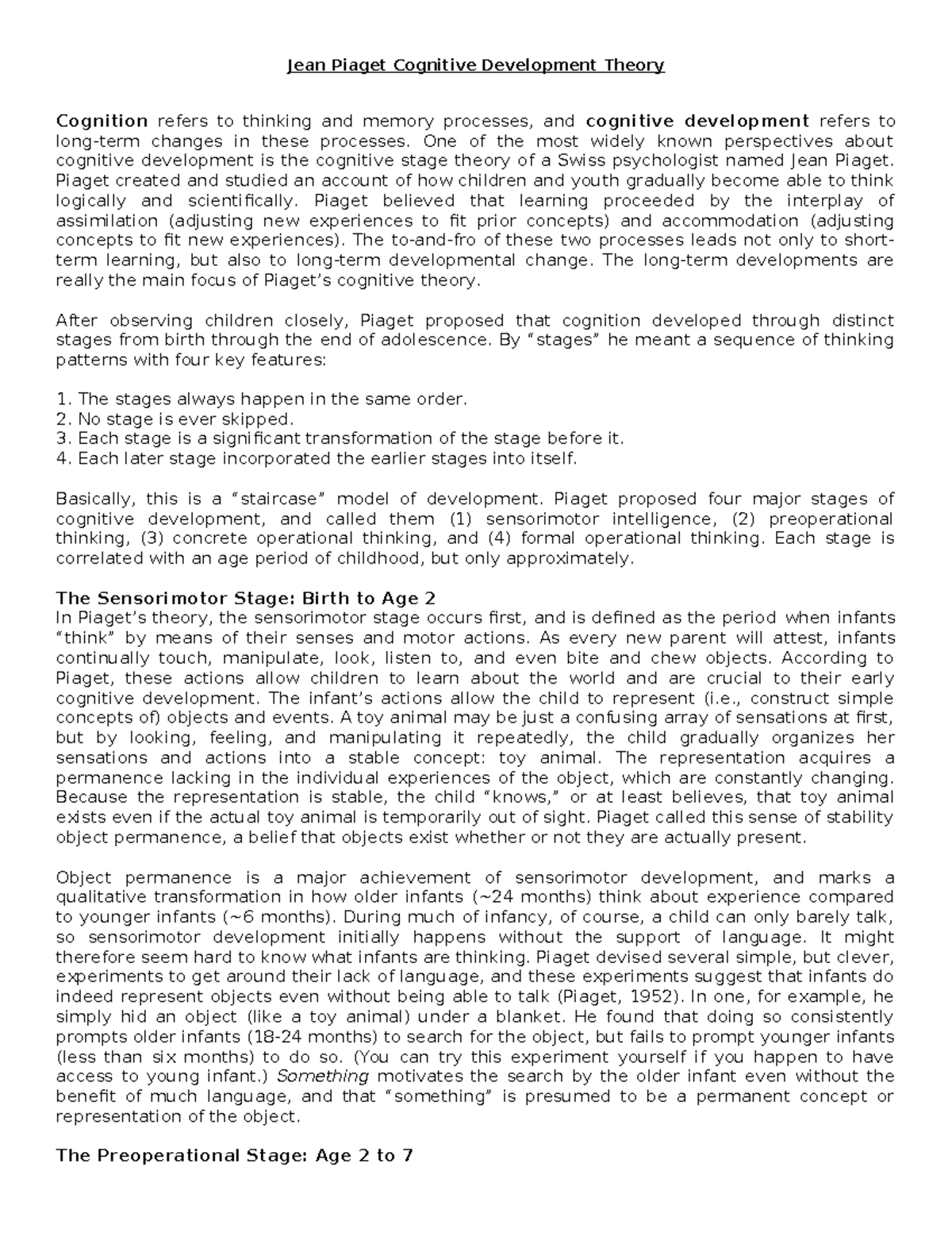 Jean Piaget Cognitive Development Theory - Jean Piaget Cognitive ...